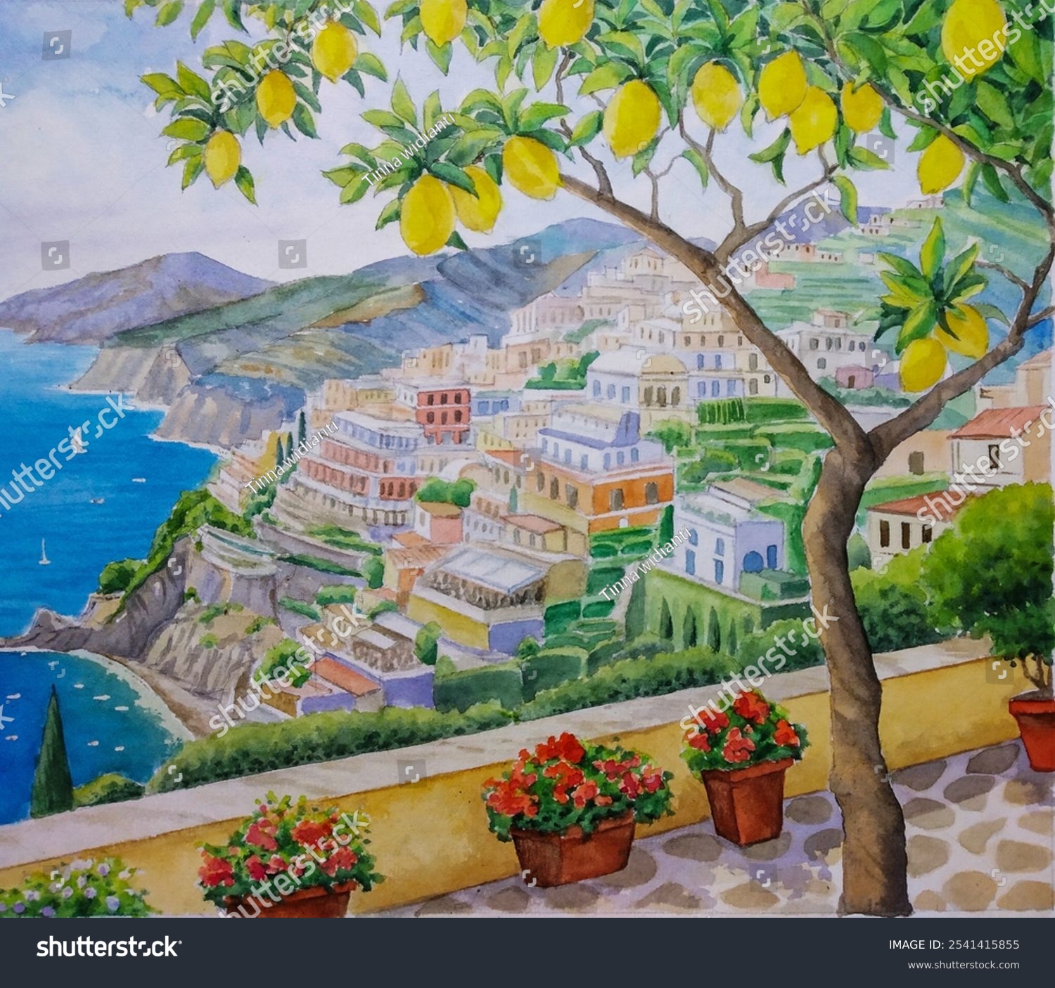 Hand drawn watercolor painting of lemon tree and Capri view. Landscape ...
