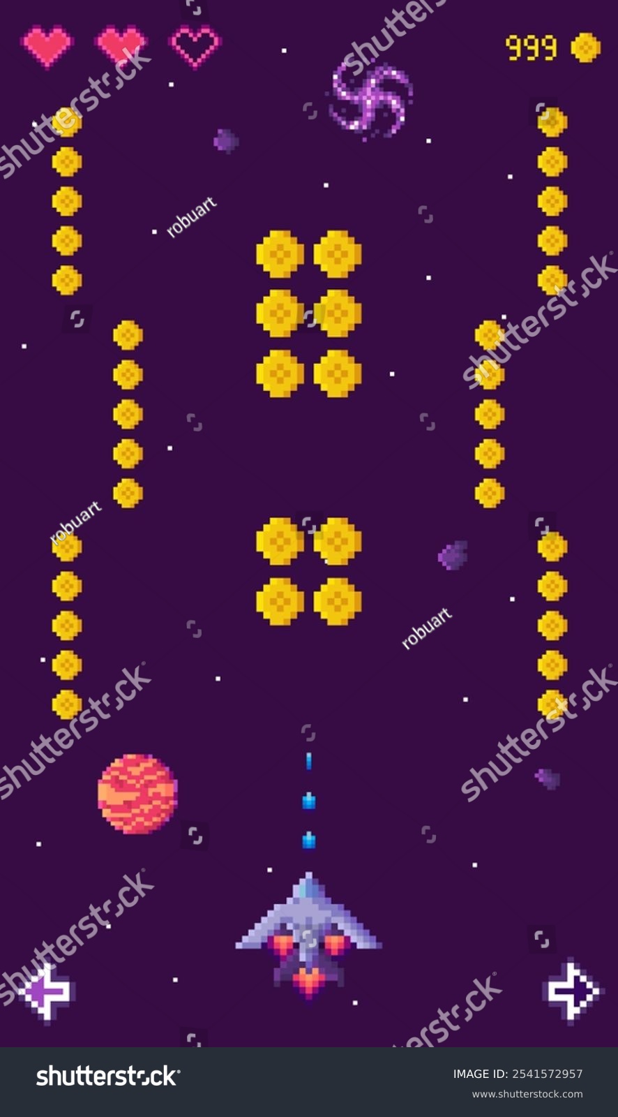 A pixel art style space shooter scene with a spaceship collecting coins ...