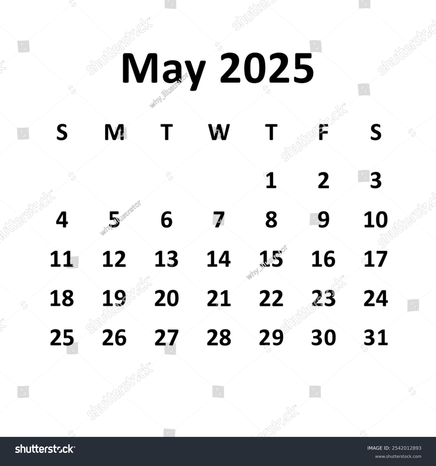 May 2025. monthly calendar design. week starts on Sunday. printable ...