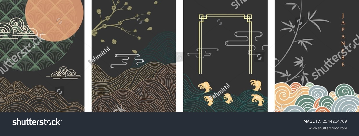 Japanese background with line art Asian poster ornaments abstract waves ...