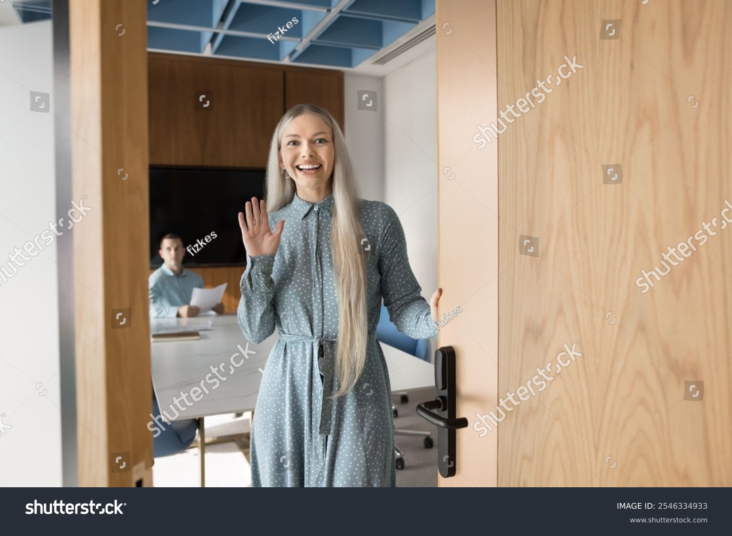 Happy beautiful young business professional woman opening office ...