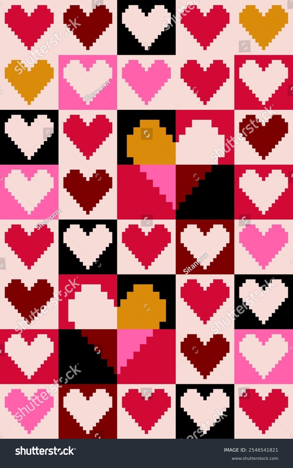 Valentine pixel art design. Yellow black red and pink Valentine heart ...