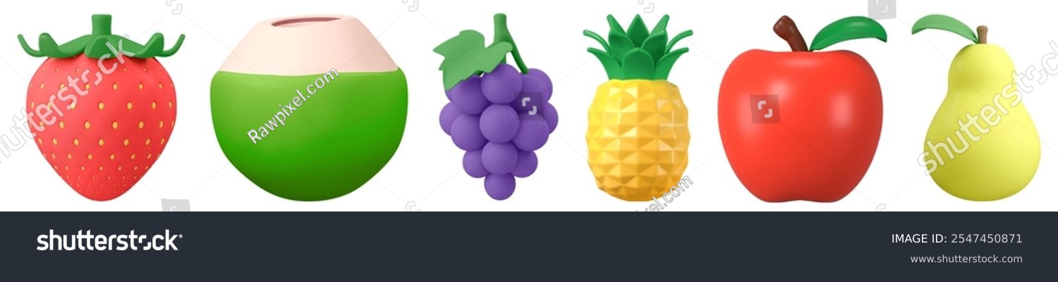 Colorful 3D fruit models: strawberry coconut grapes pineapple apple ...