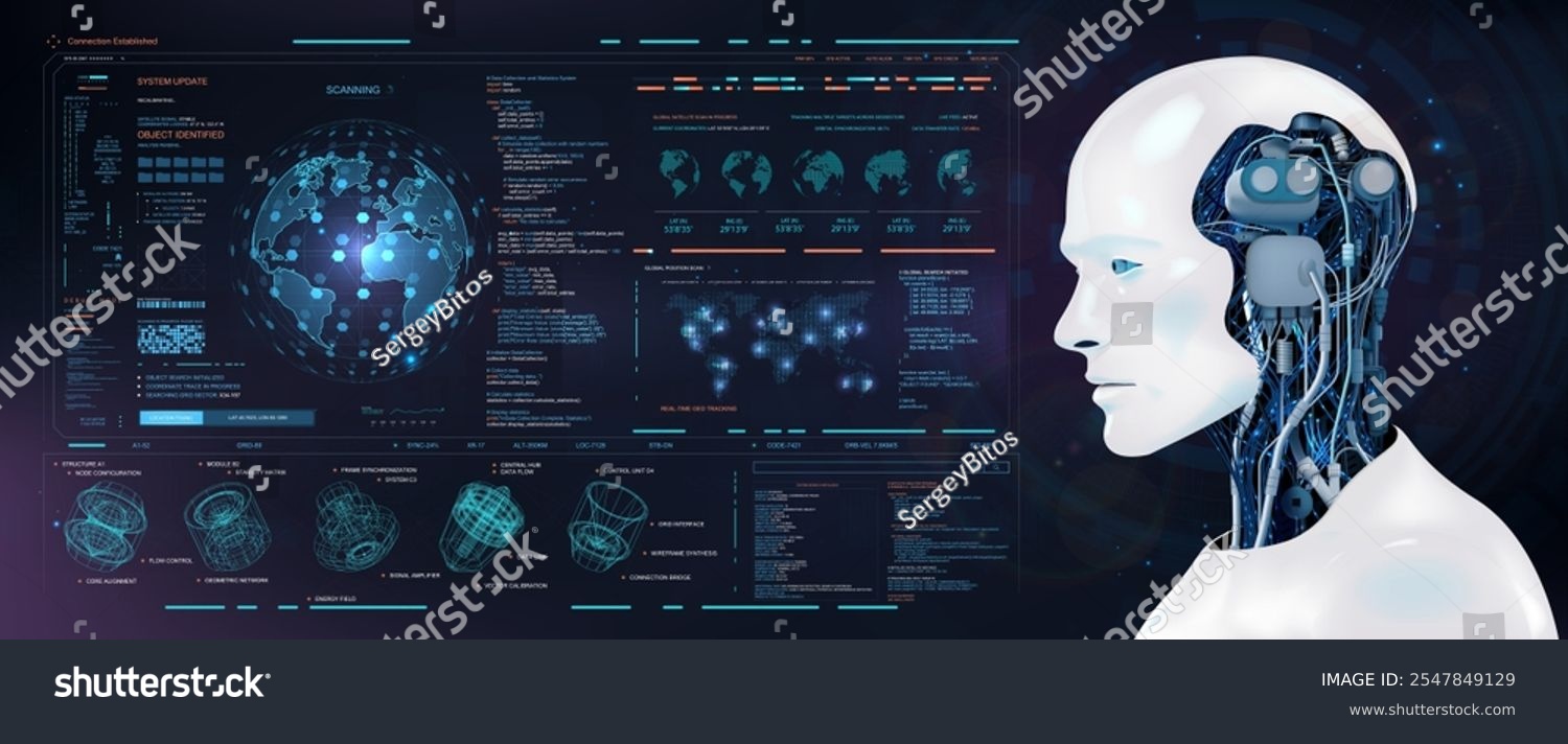 HUD AI assistance concept 3D robot head AI assistant. Futuristic user ...