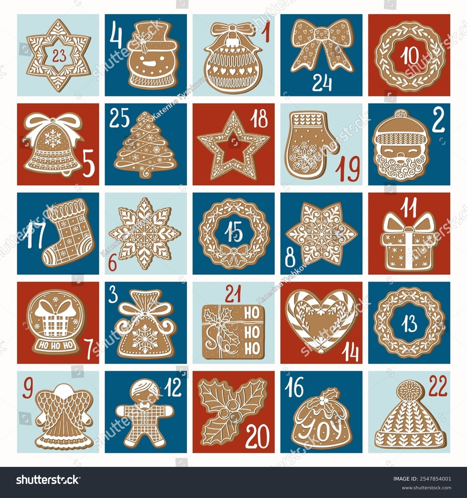 Christmas advent calendar. Vector hand drawn gingerbread elements. Cute ...