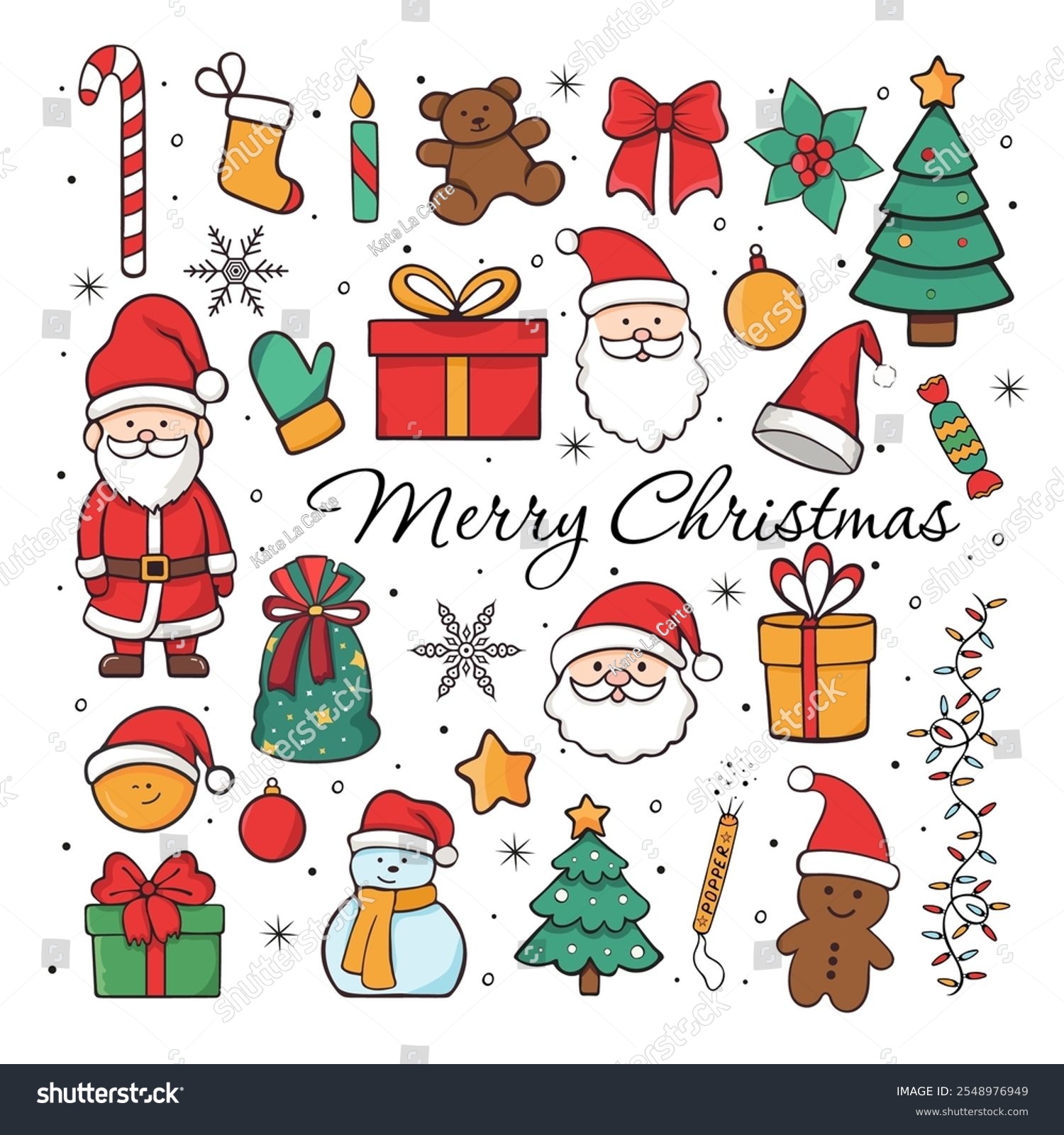 Set of hand drawn doodle Christmas elements. New Year's colorful doodle ...