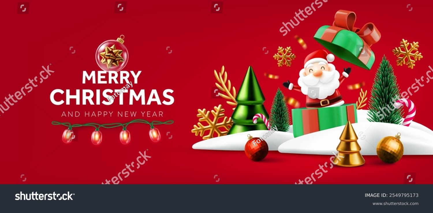 Festive Christmas Banner with Santa Claus Popping Out of a Gift Box Surrounded by Christmas ...