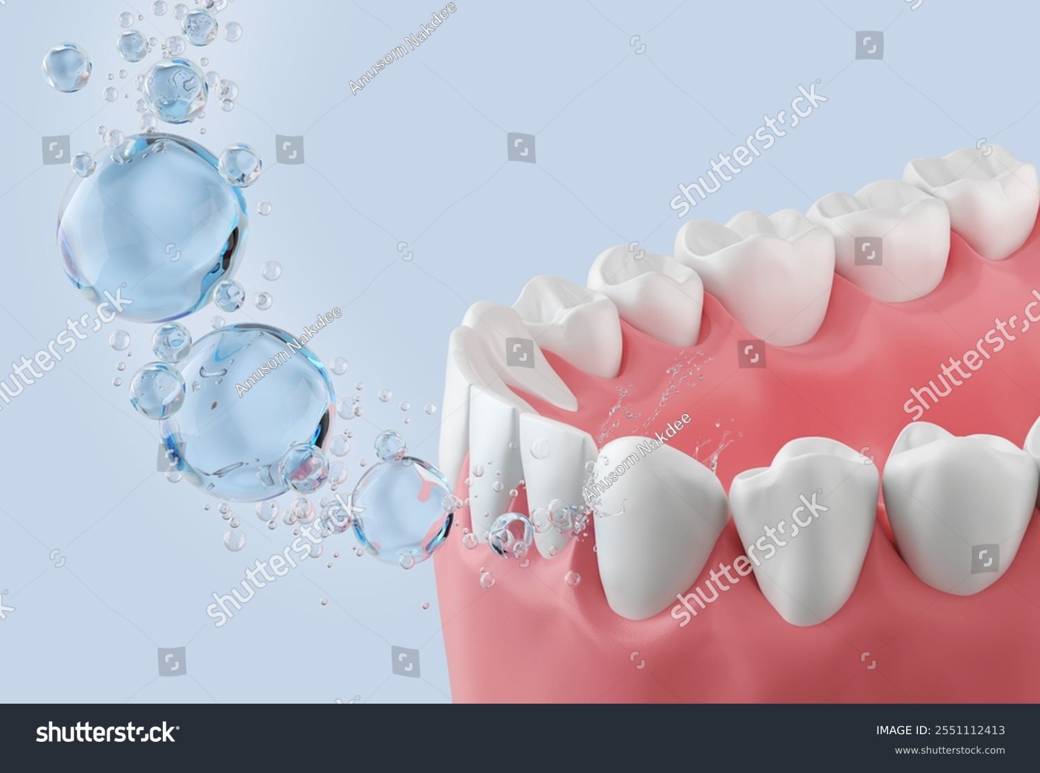 Liquid bubble cleaning tooth and gums Dental care concept with ...