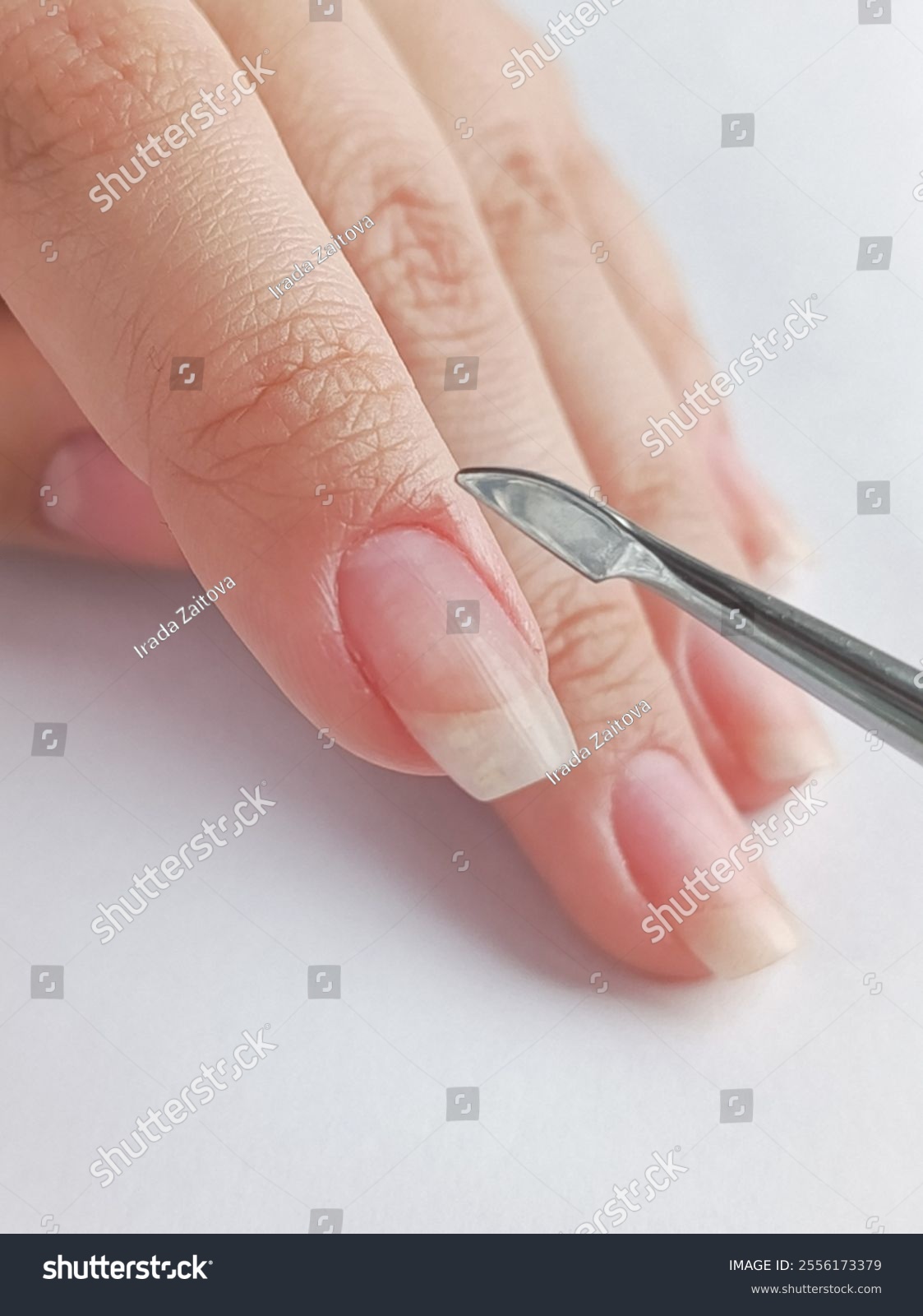 A woman removes the cuticles of the nail with a metal tool. Healthy ...