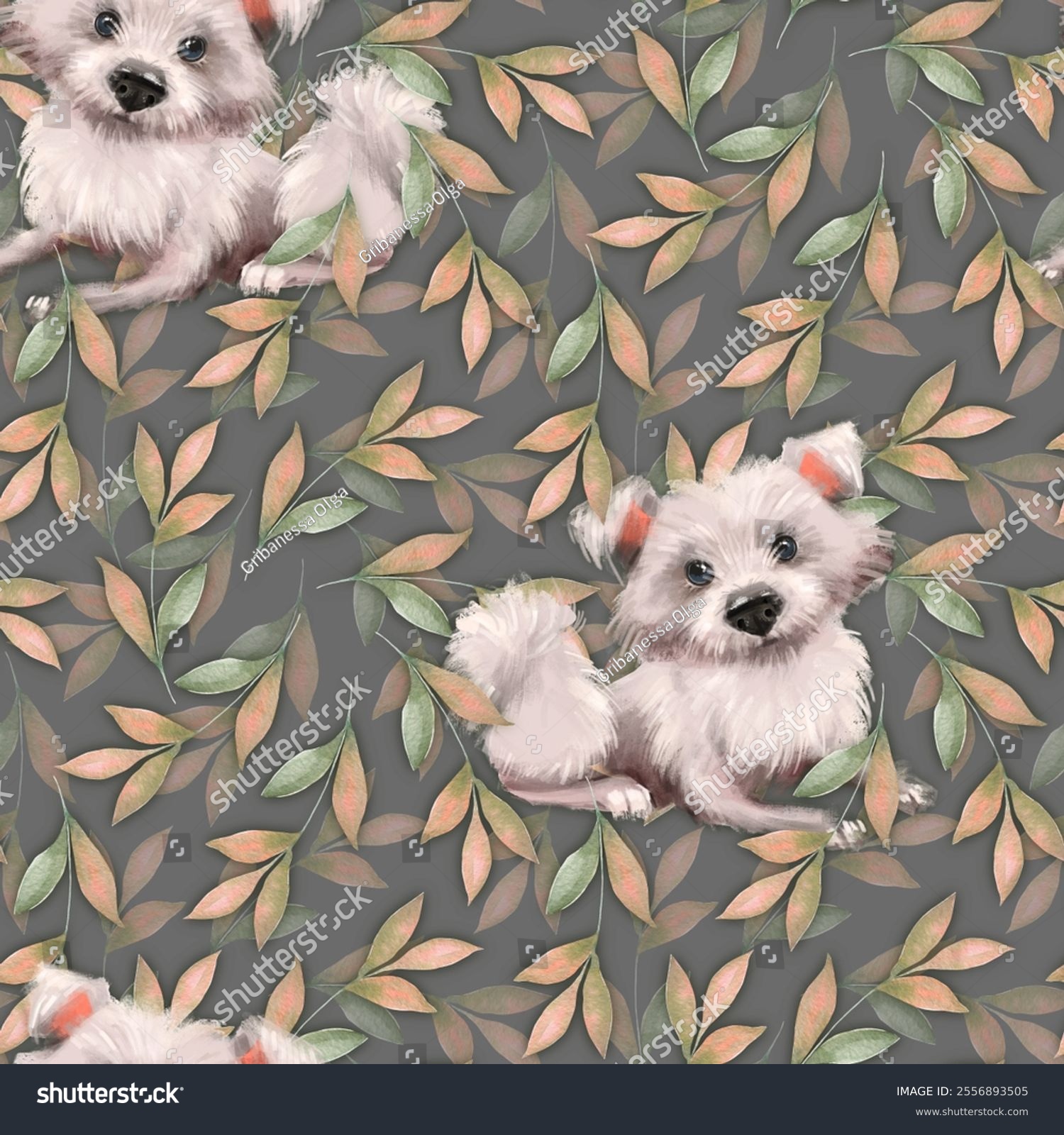 Seamless floral pattern with white dogs. Background with puppies and ...