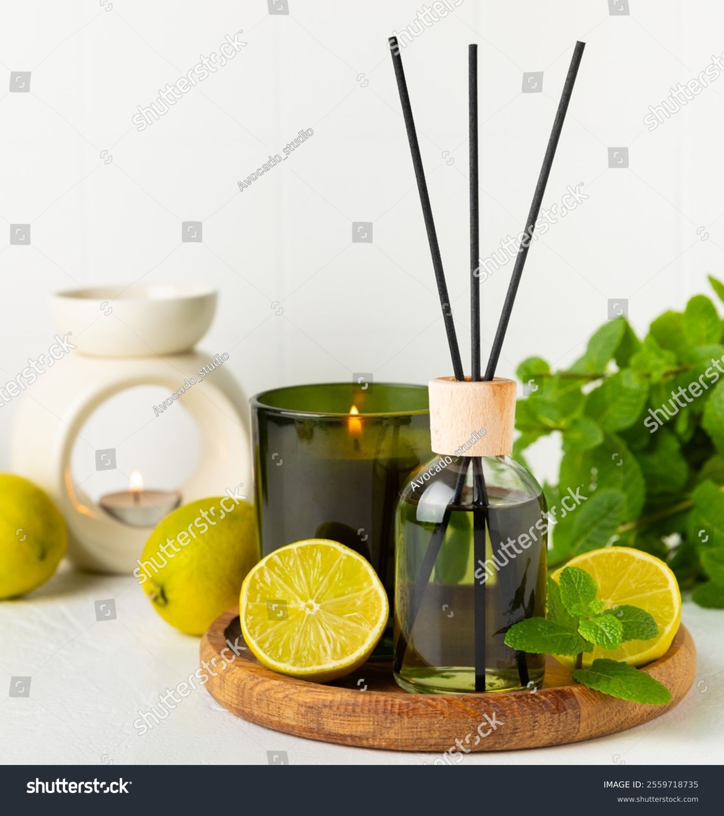 Aromatic reed air freshener on wooden table.Diffuser with natural ...