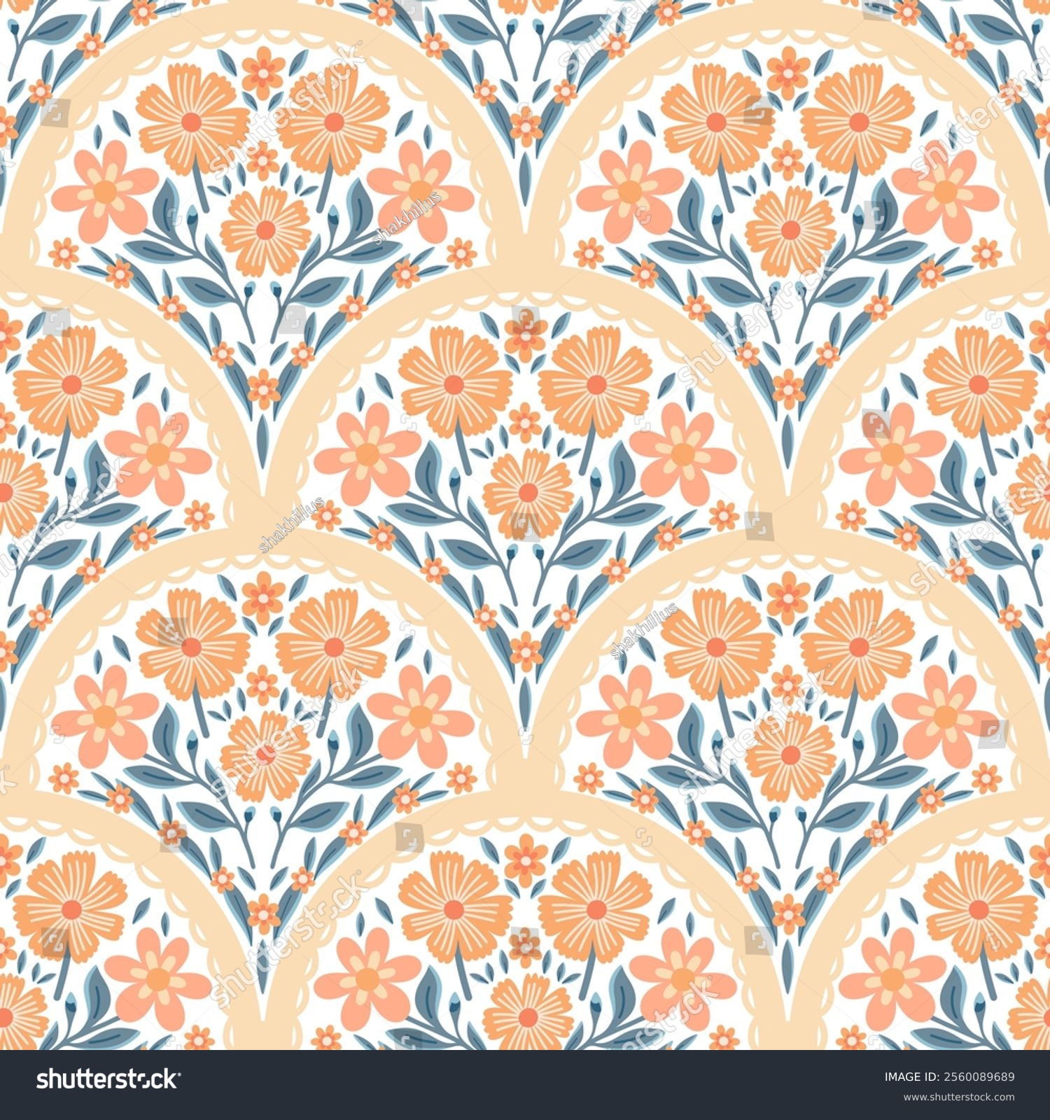 Floral arch seamless pattern. Scallop half circle geometrical botanical ornament. Art nouveau ...