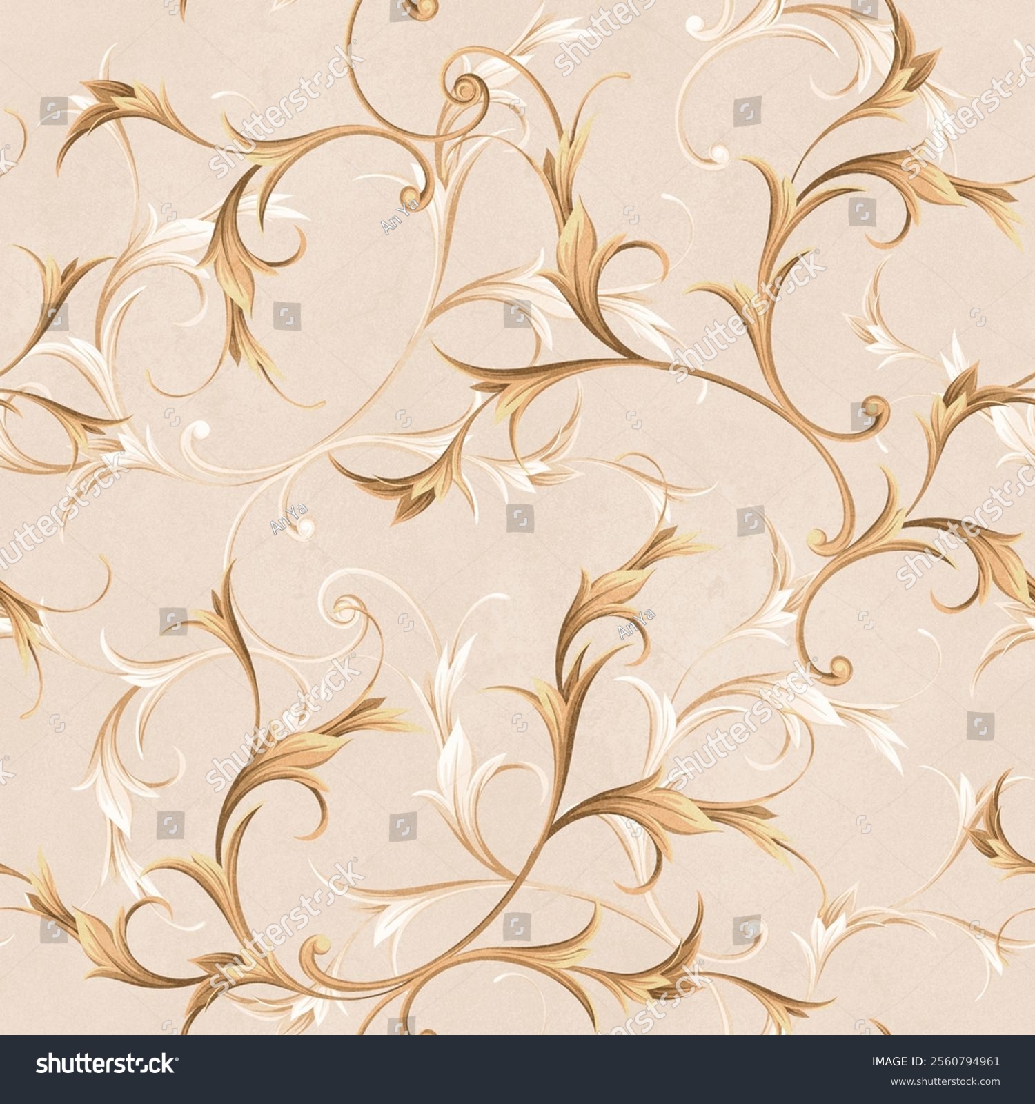 Gold classic floral wallpaper with a baroque elements and texture ...