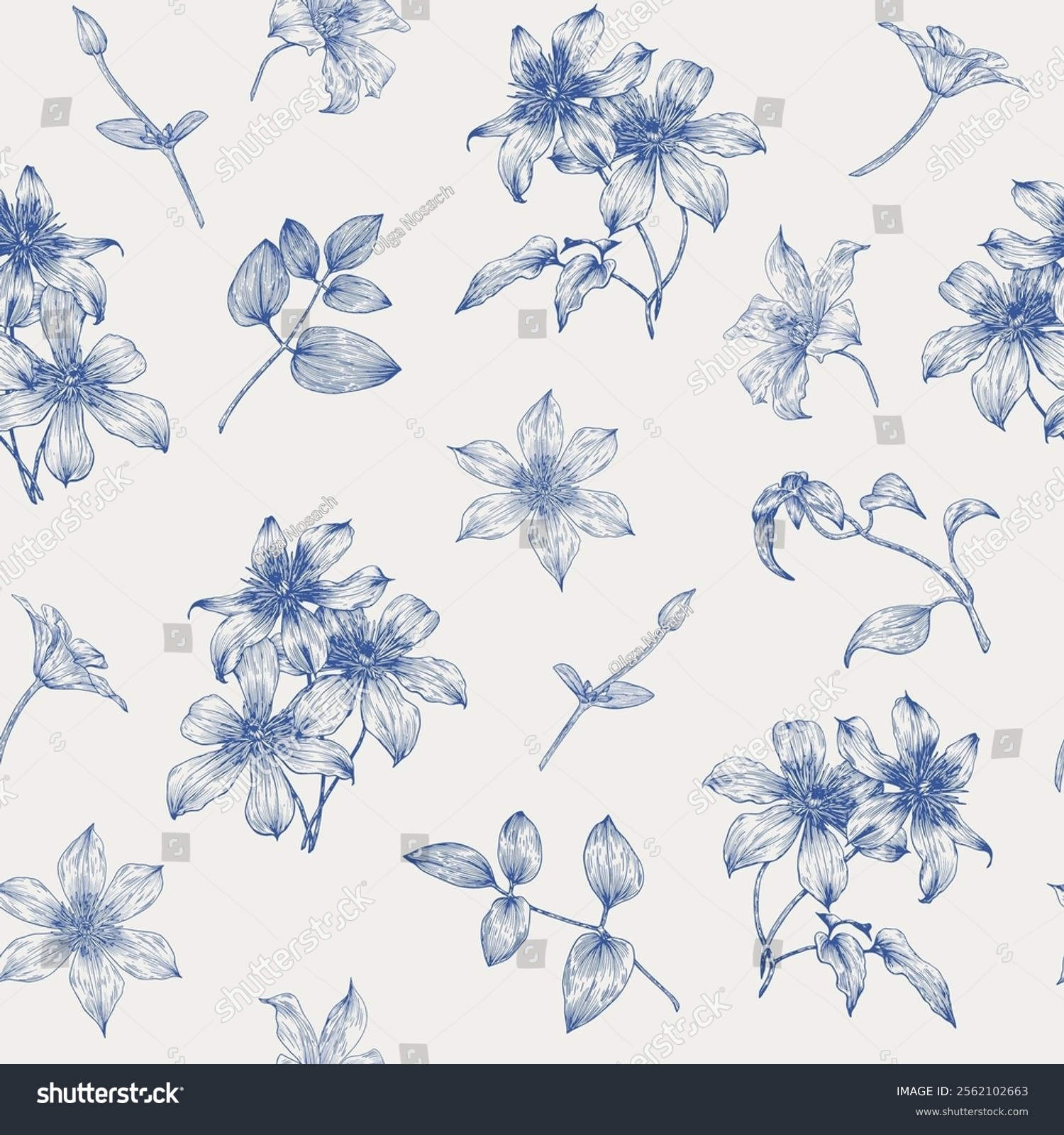 Toile vector vintage seamless pattern Clematis flowers. Blue beige ...