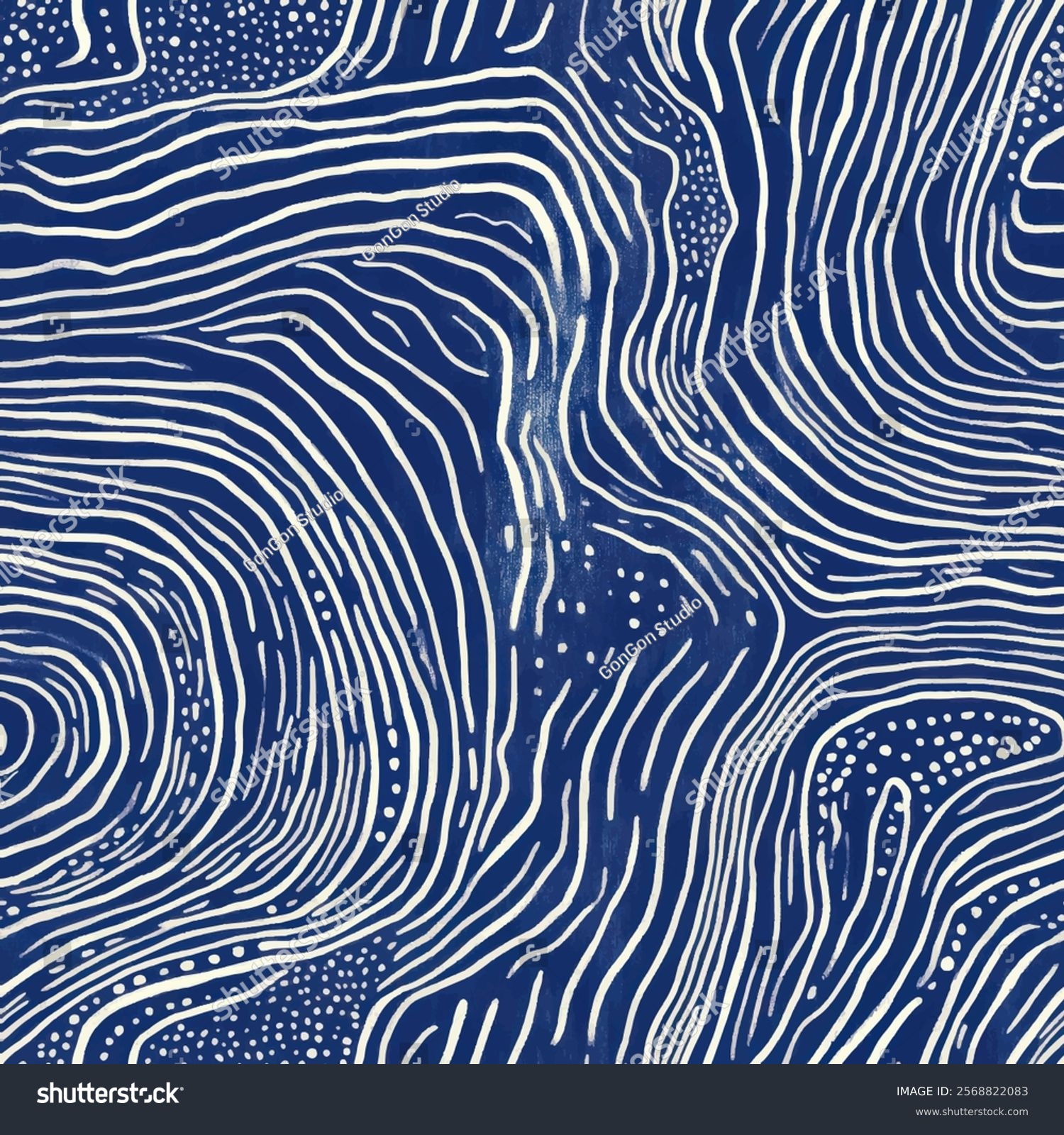 Cute white line on blue brush watercolor background seamless pattern ...
