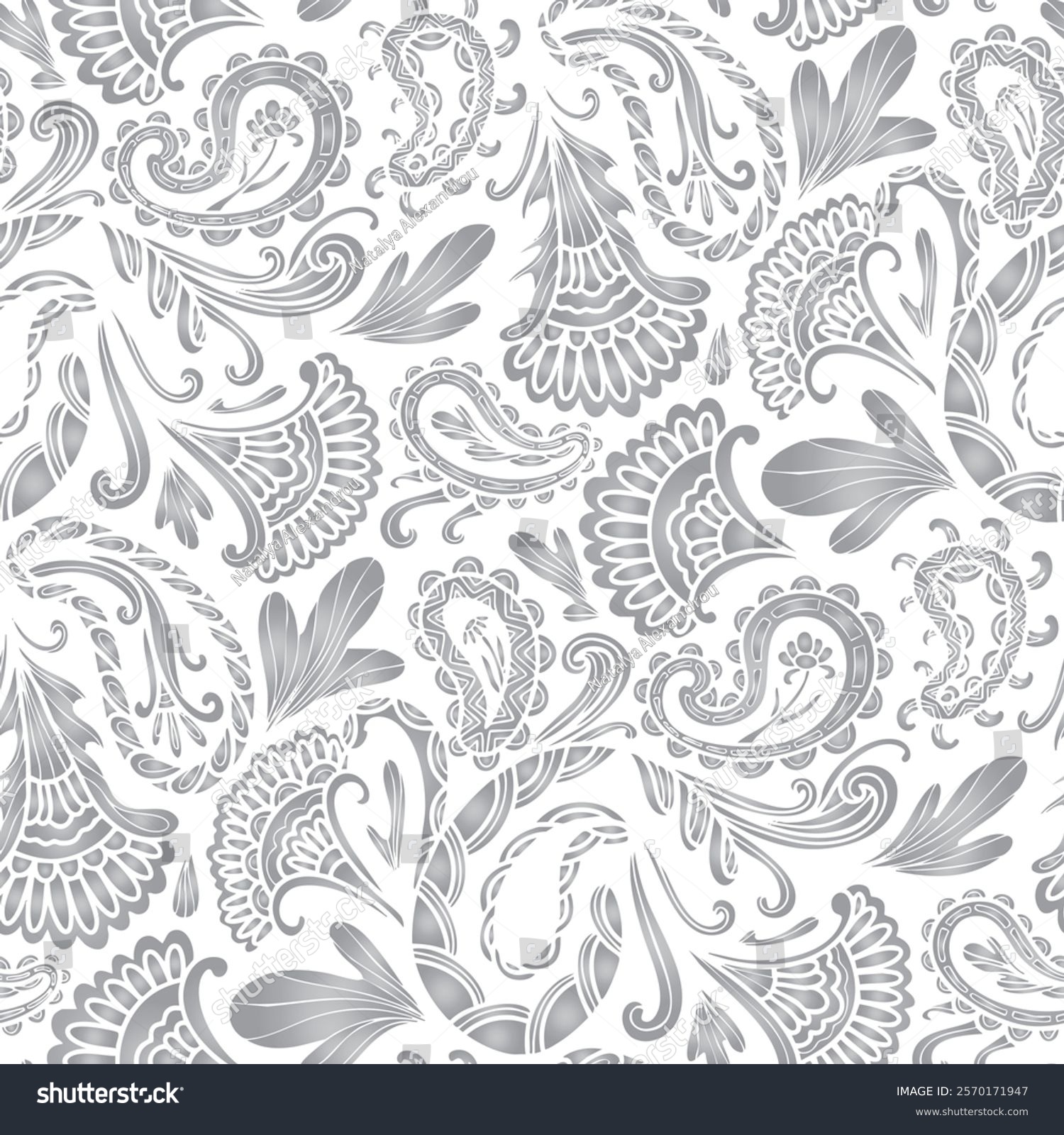 Abstract flowers paisley floral pattern grey and white colors. Seamless ...