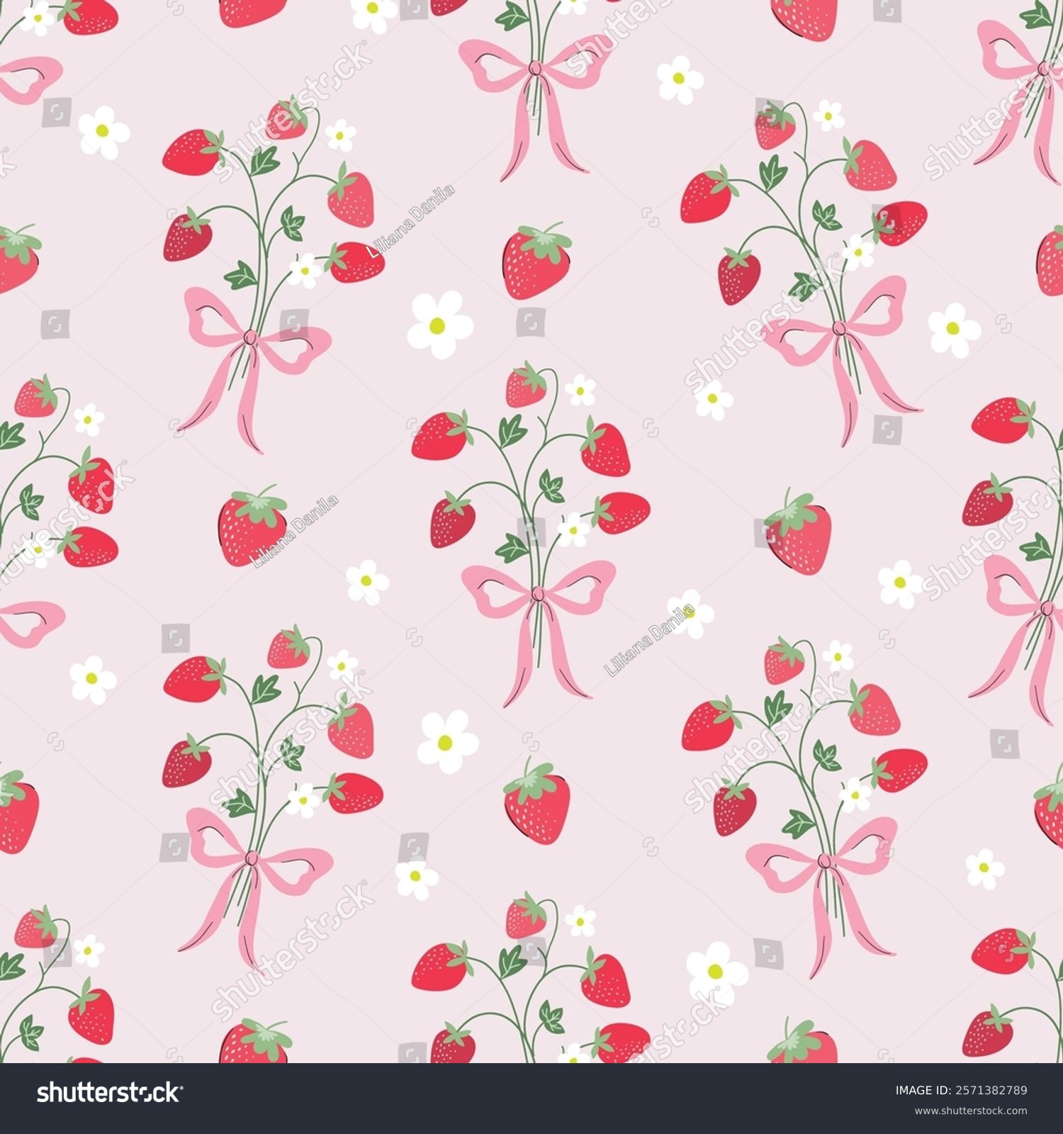 Spring and summer seamless pattern with coquette strawberries bouquets ...
