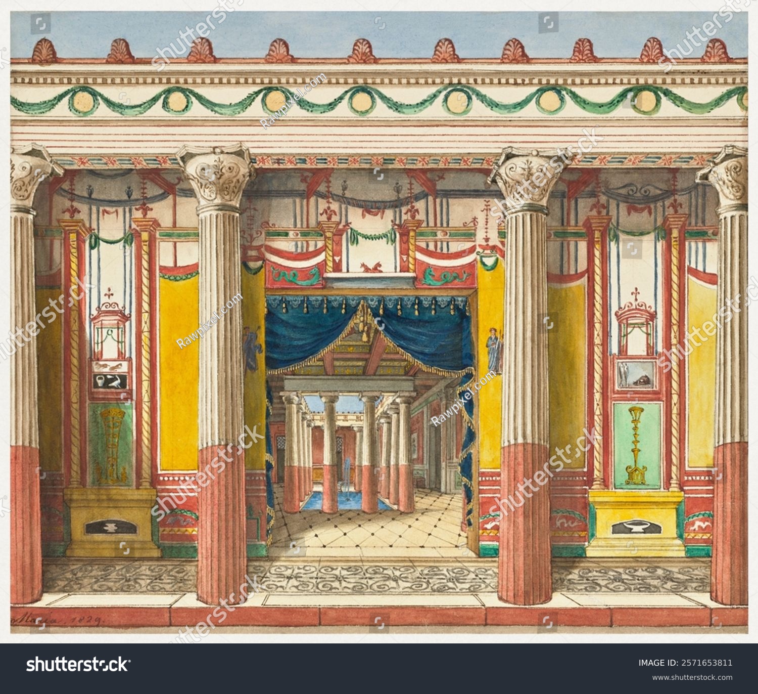 Ancient Roman interior with columns vibrant colors and intricate ...