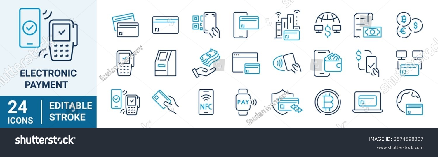 Electronic Payment . Linear icon set. Payment options. Outline payment method symbols. Money ...