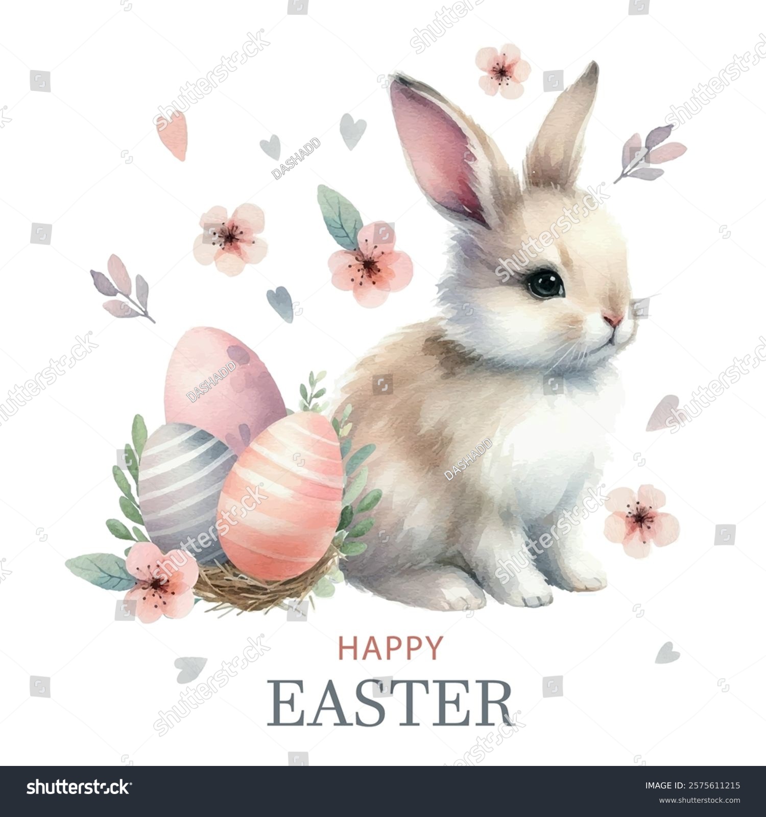 Happy Easter. Watercolor card with cute Easter bunny eggs and spring ...