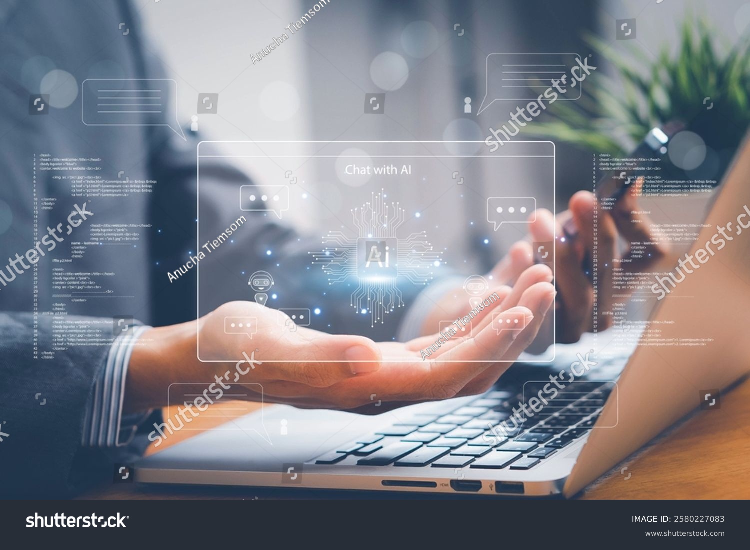 AI Artificial Intelligence. Business woman using AI technology for data analysis coding computer ...