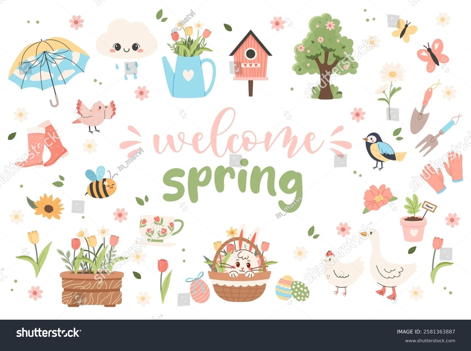 Welcome spring elements collection - big stickers set with cute birds flowers butterflies Easter ...