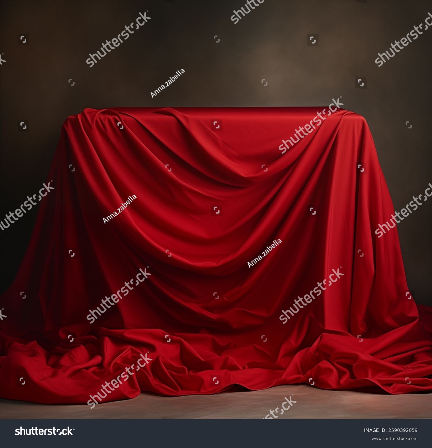 Red curtain draped over mysterious box 3D illustration. Luxurious red ...