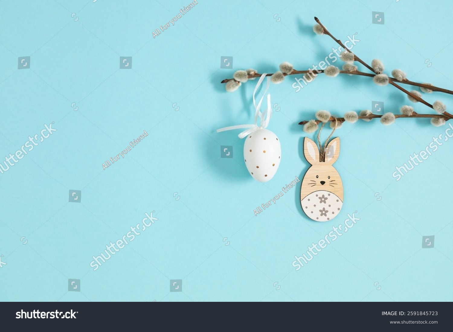 Easter pastel blue background with decorative ornaments Easter bunny ...