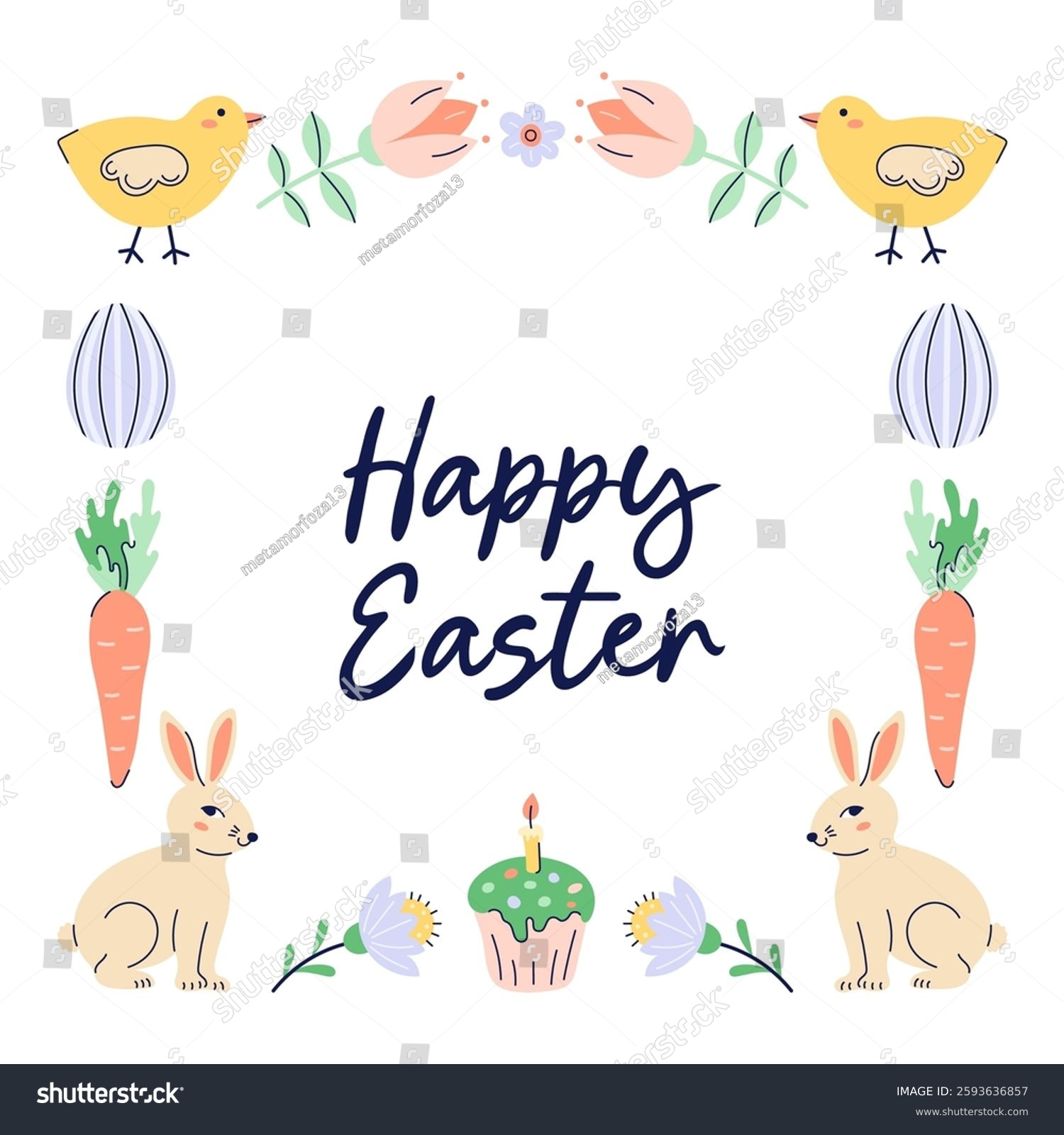 Happy Easter square Frame With Bunnies chickens and eggs. Happy Easter ...