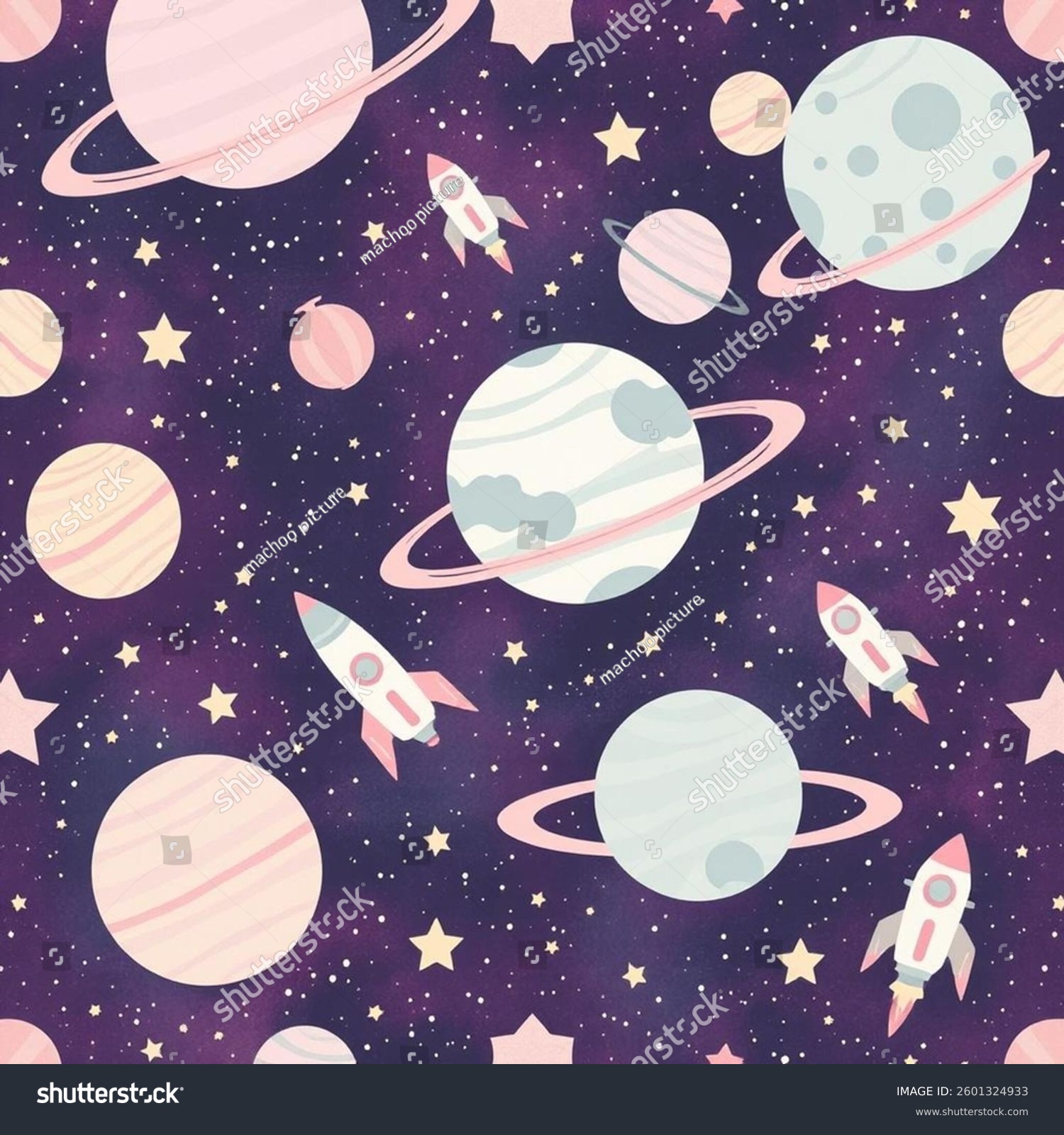 This seamless space pattern features a dreamy pastel color palette ...