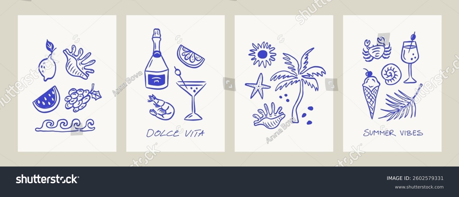 Hand drawn summer poster set. Dolce vita concept. Modern prints with ...