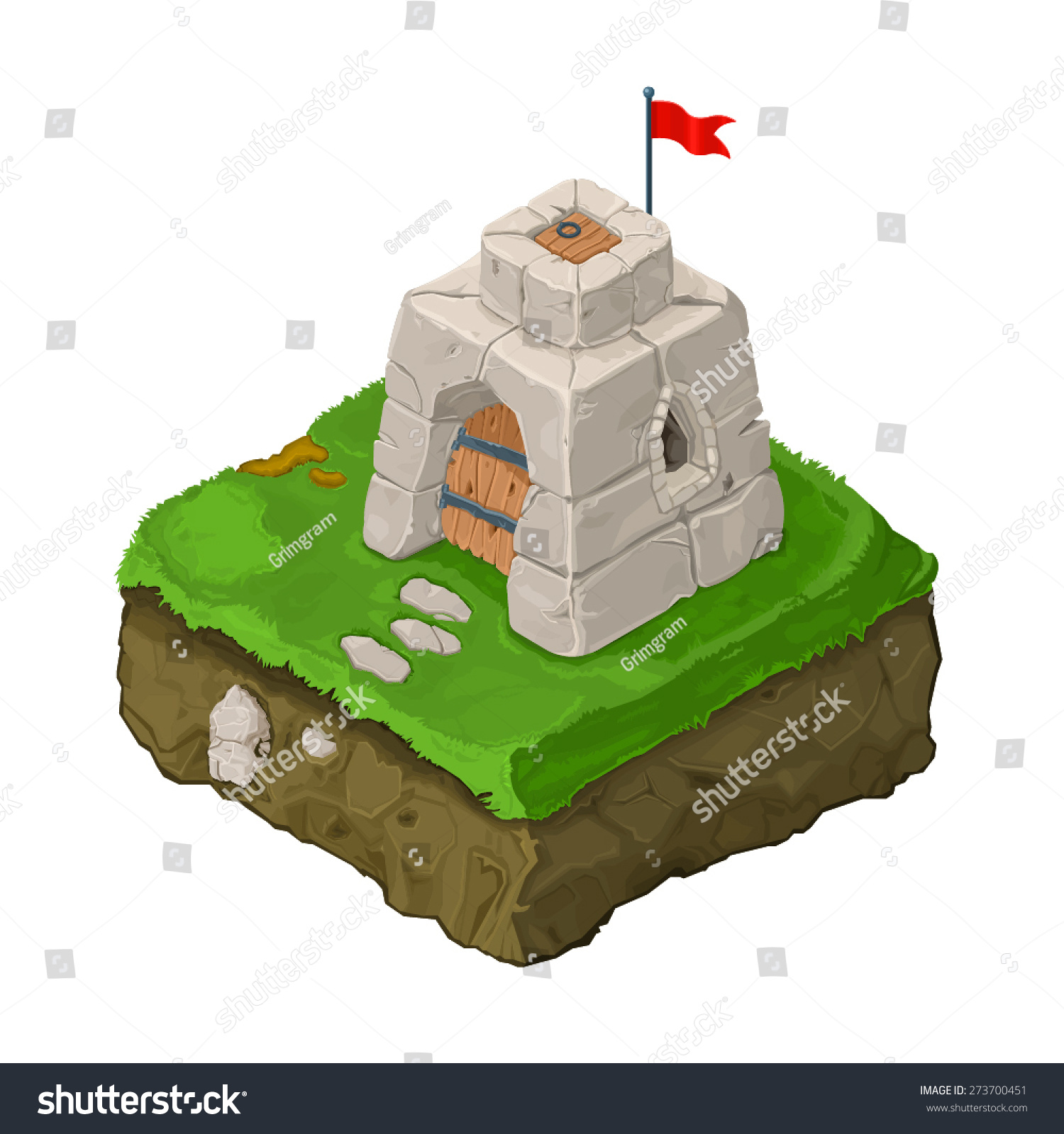A vector illustration of a castle fort on land with red flag. Isometric ...