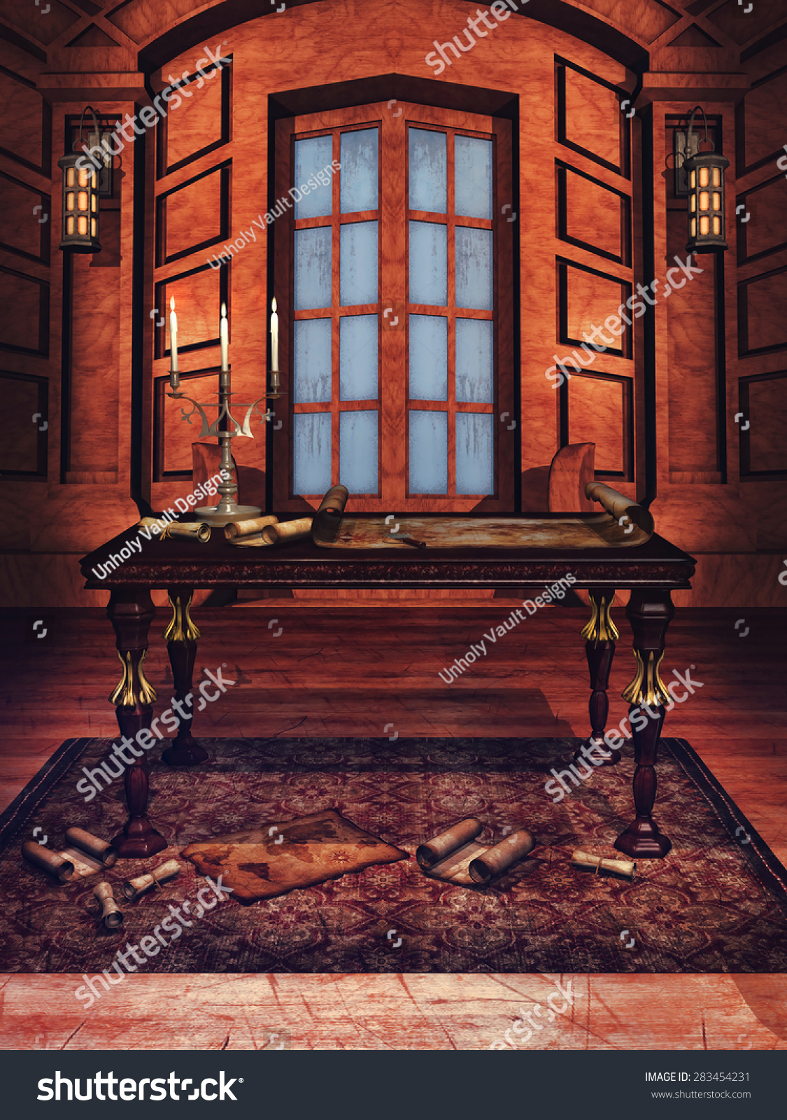 Fantasy wooden room with a candle holder and old maps_站酷海洛_正版图片_视频_字体 ...