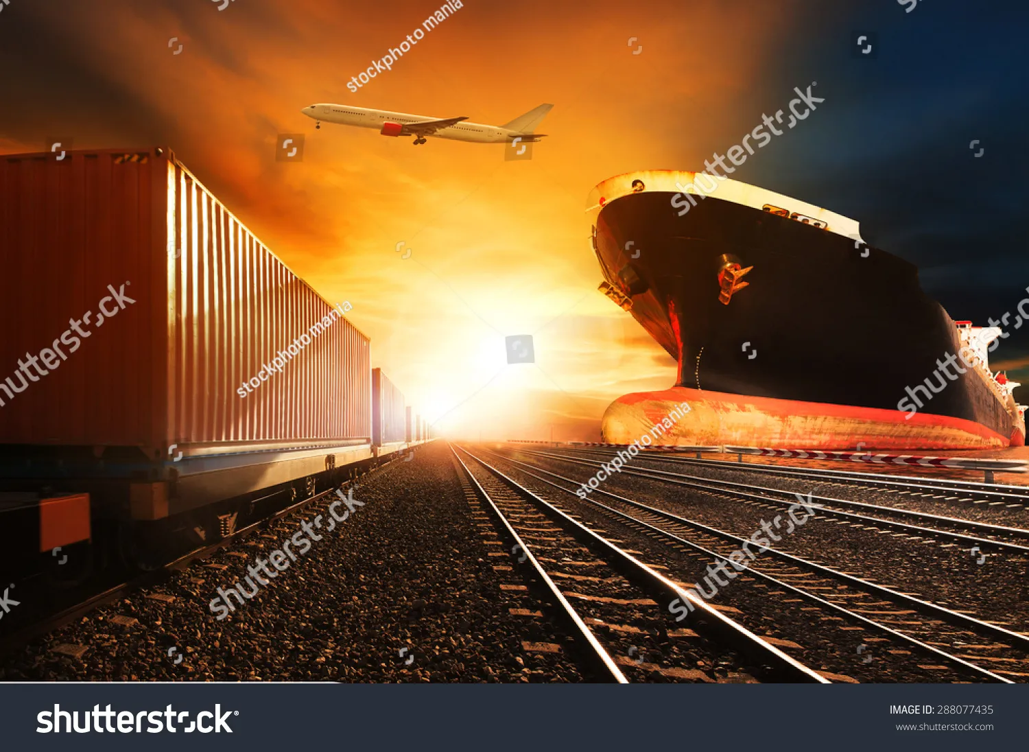 container trains commercial ship on port freight cargo plane flying ...