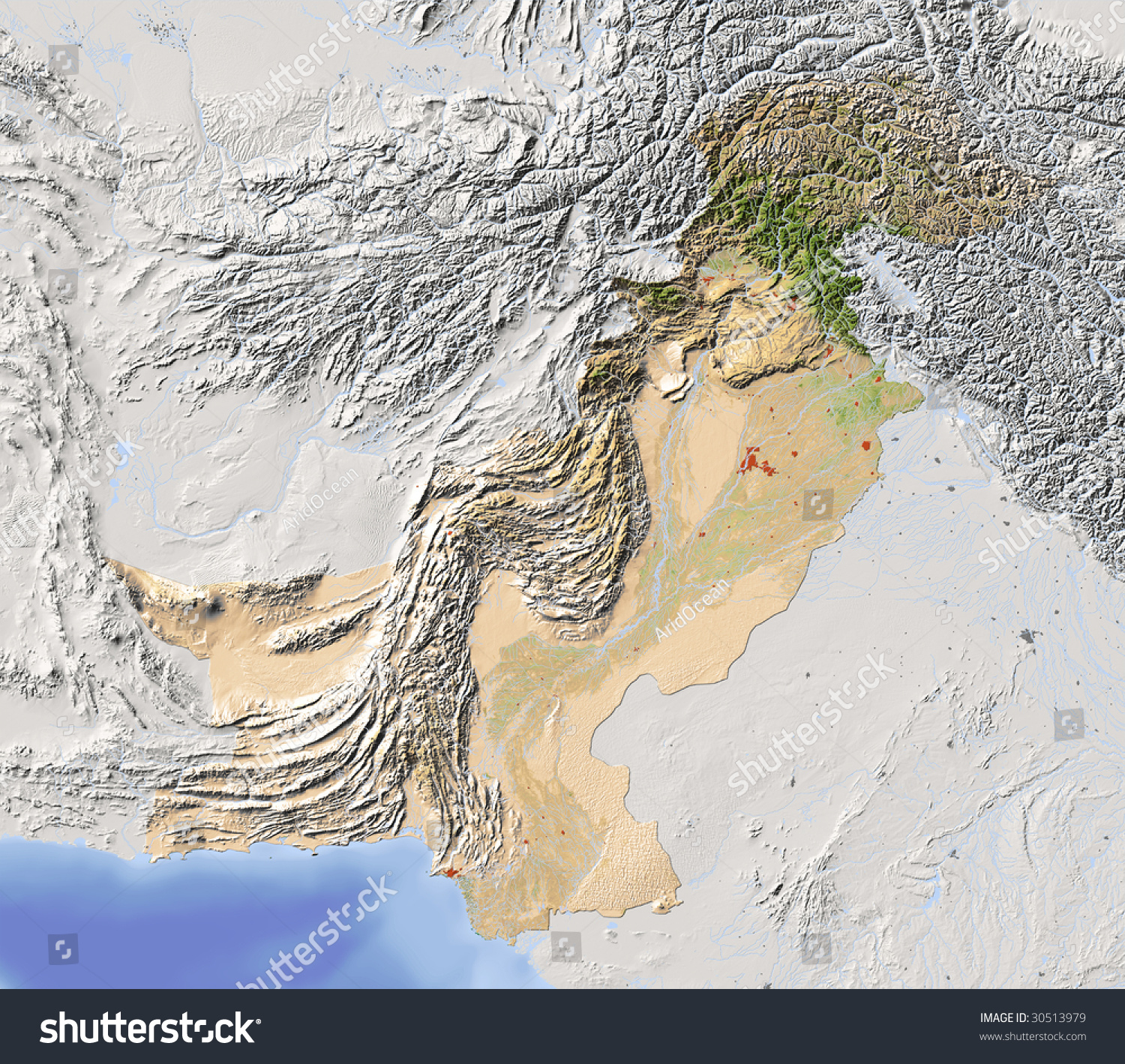 Pakistan. Shaded relief map. Surrounding territory greyed out. Colored ...