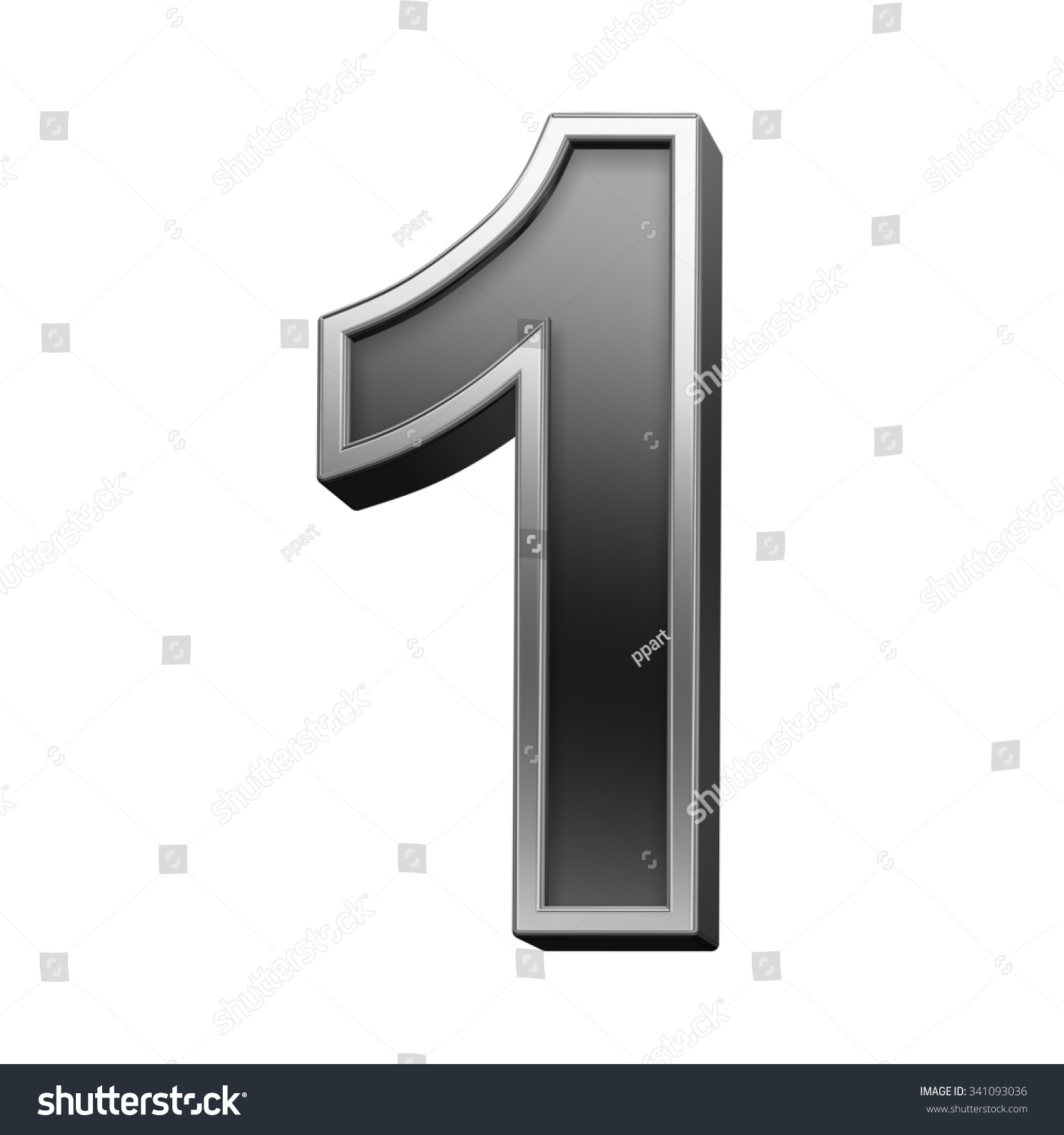 One digit from black with silver shiny frame alphabet set isolated on ...