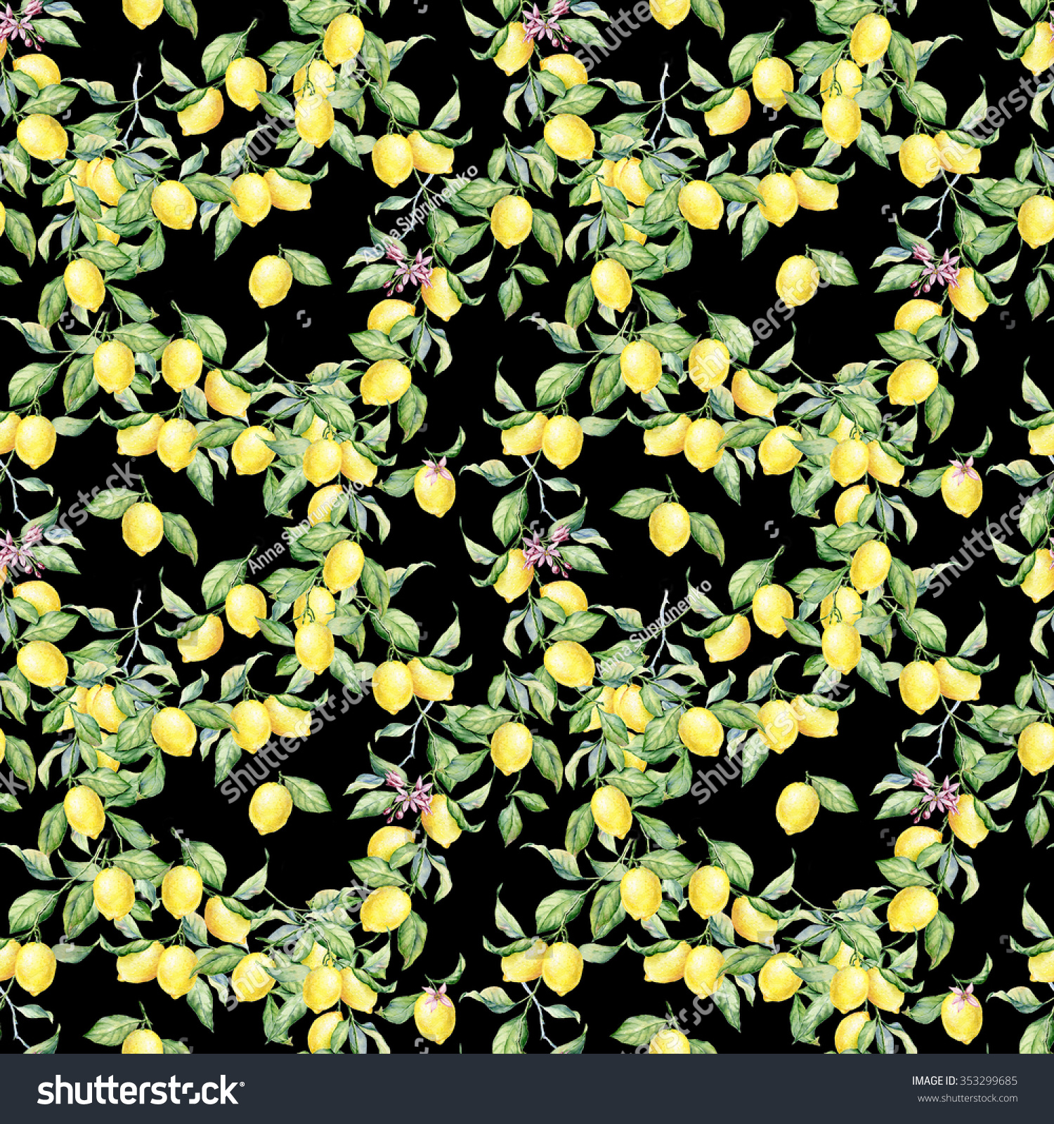 Fresh Lemons watercolor seamless pattern on the black background ...