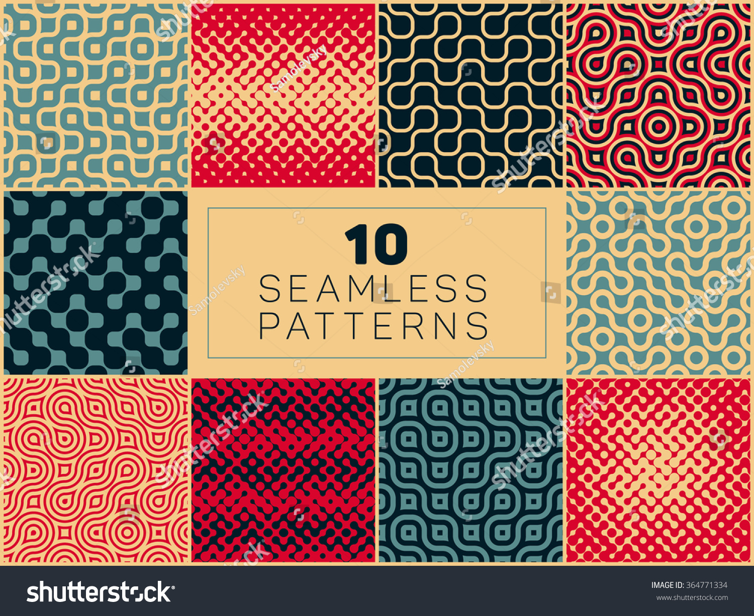 Set of Ten Vector Seamless Wavy Lines Geometric Irregular Halftone Retro Patterns In Red Tan and ...