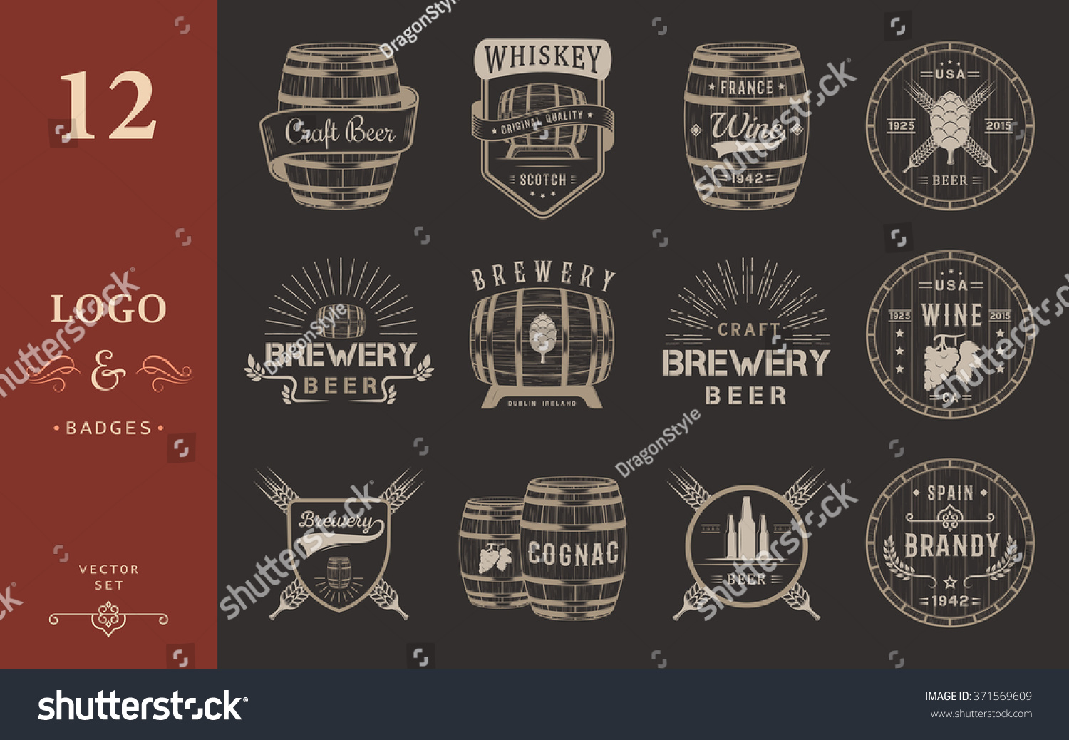 Set of wooden casks with alcohol drinks emblems and labels. Set of ...