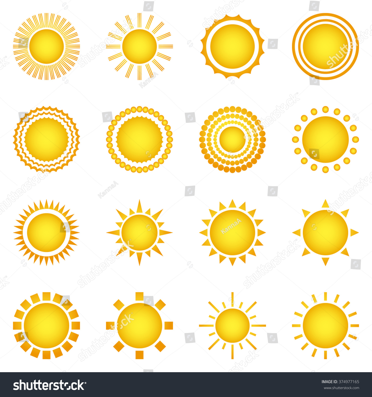 Set of sun icons isolated on white background. Creative yellow sunlight ...