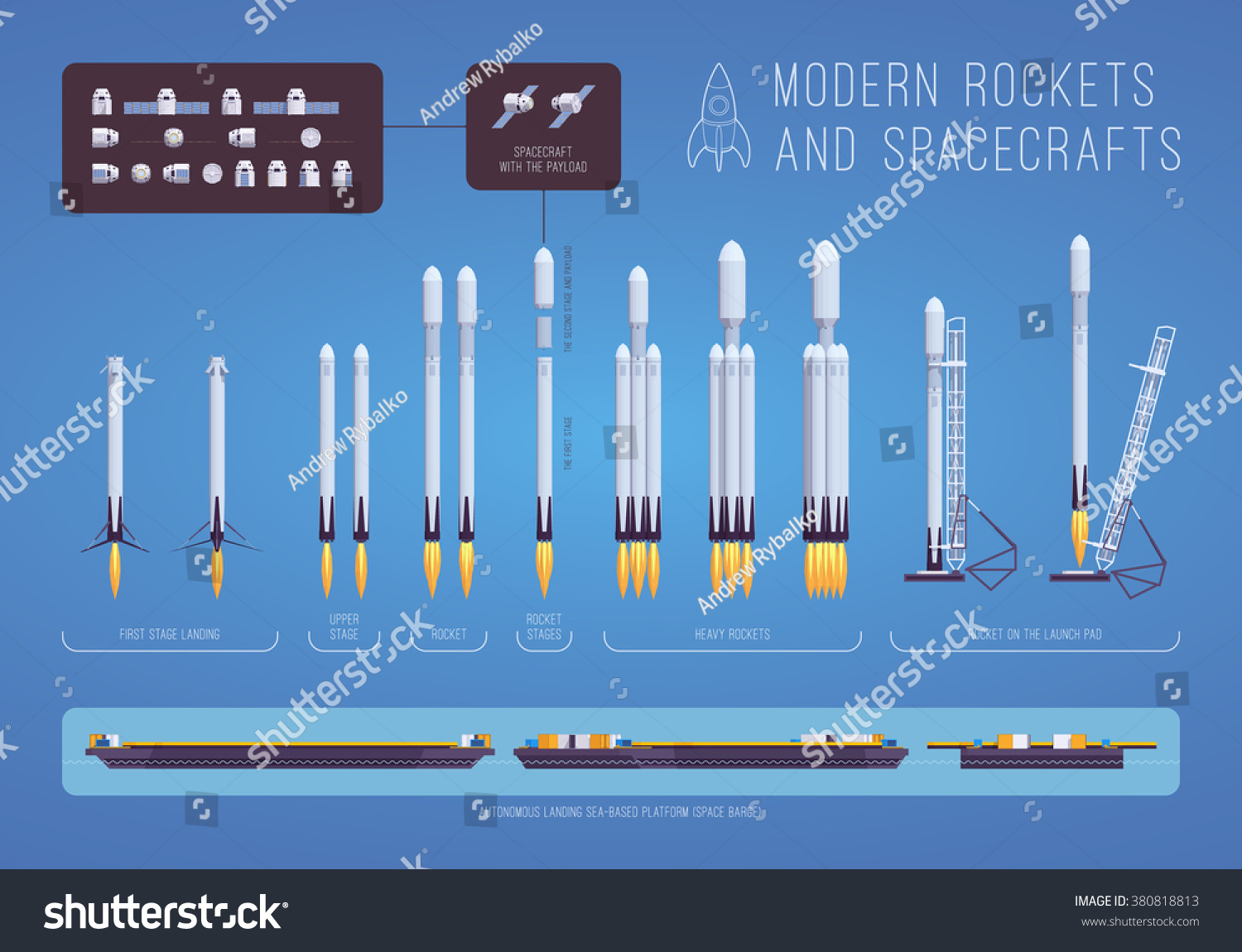 Modern rockets and spacecrafts. Infographic vector concept illustration ...