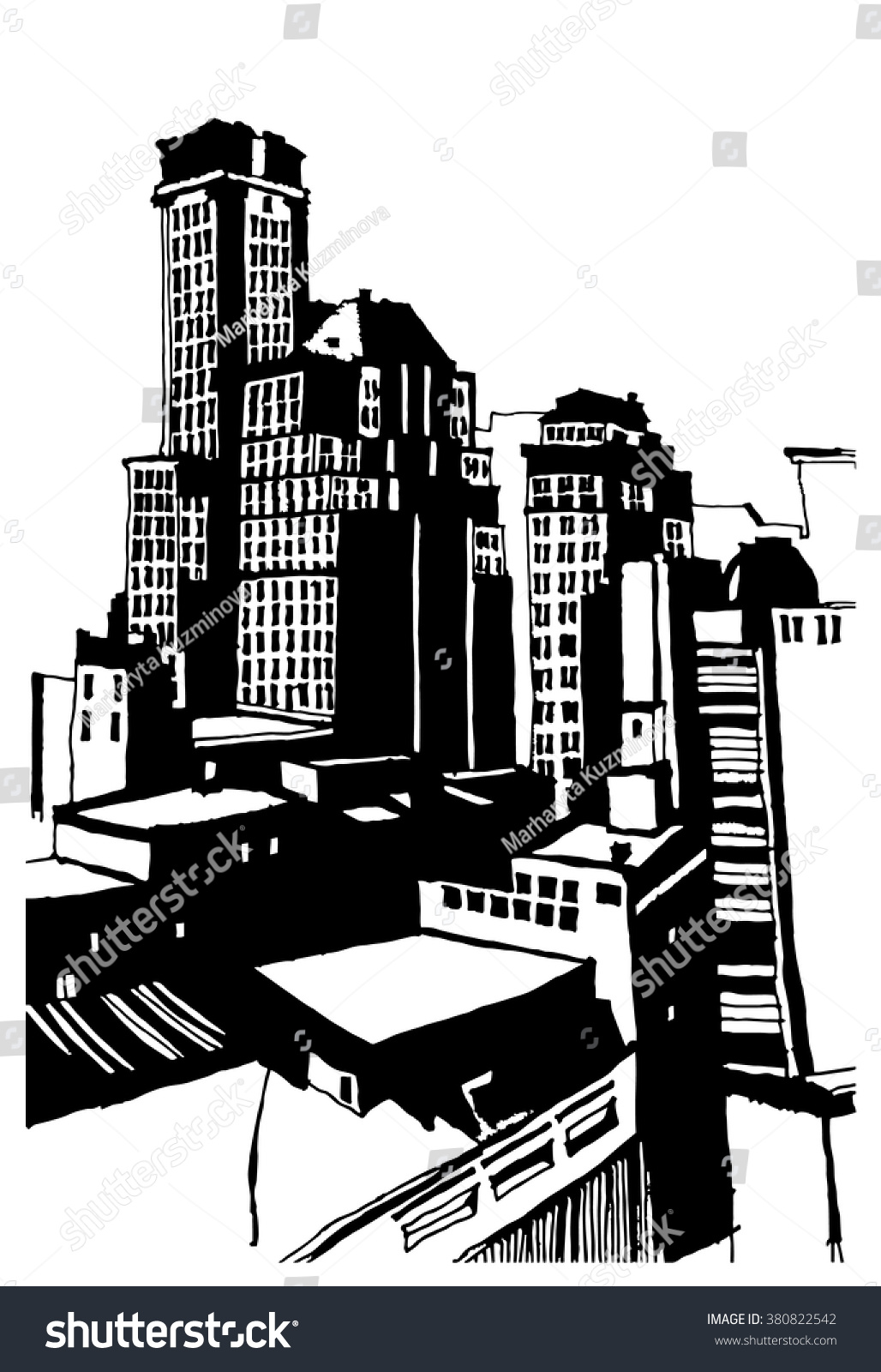 Hand drawn ink line sketch New York city Manhattan skyscrapers ...