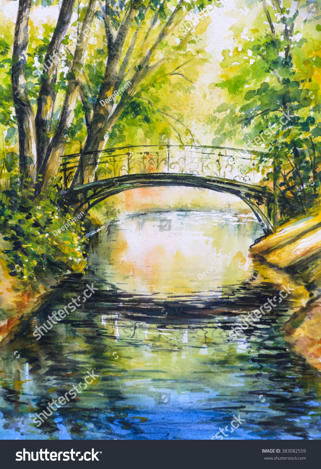 Summer landscape with bridge over river in park.Picture created with ...