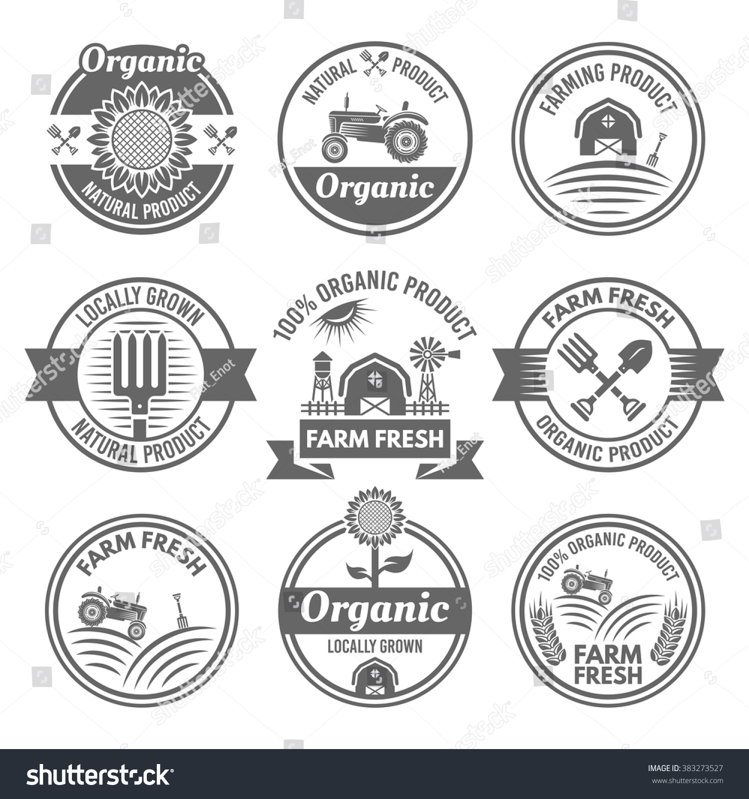 Farm fresh farming organic products set of vector monochrome round ...