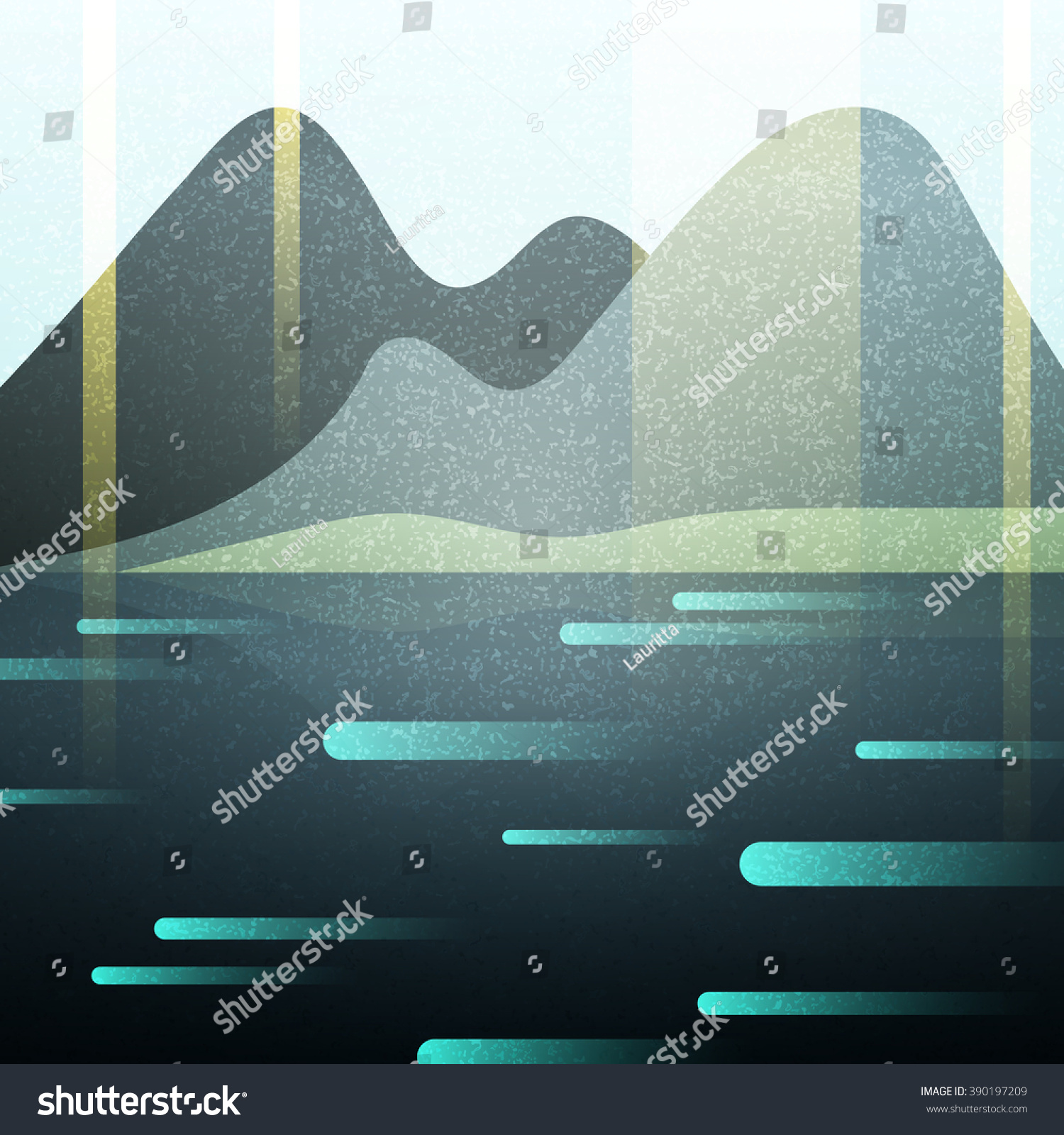 landscape abstract retro with texture. Lake and mountains. Island in ...