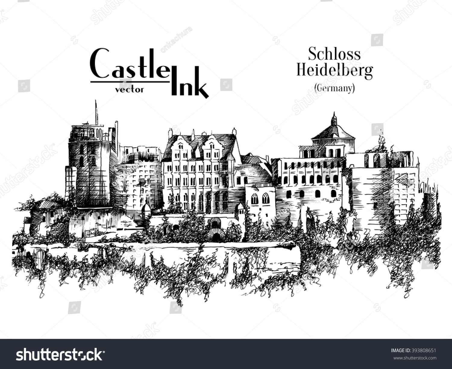 Heidelberg. Germany Castle ruins vector hand drawn Ink old-fashioned ...