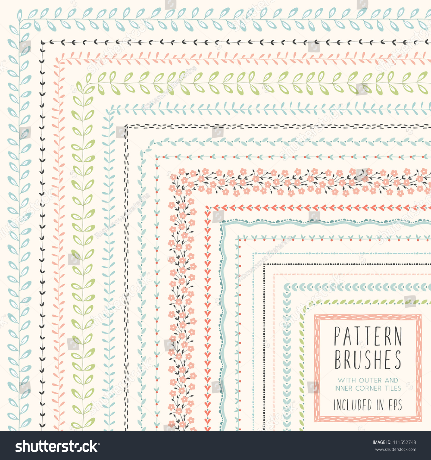 Collection of vector pattern brushes. Floral brushes and pattern brushes set with inner and ...