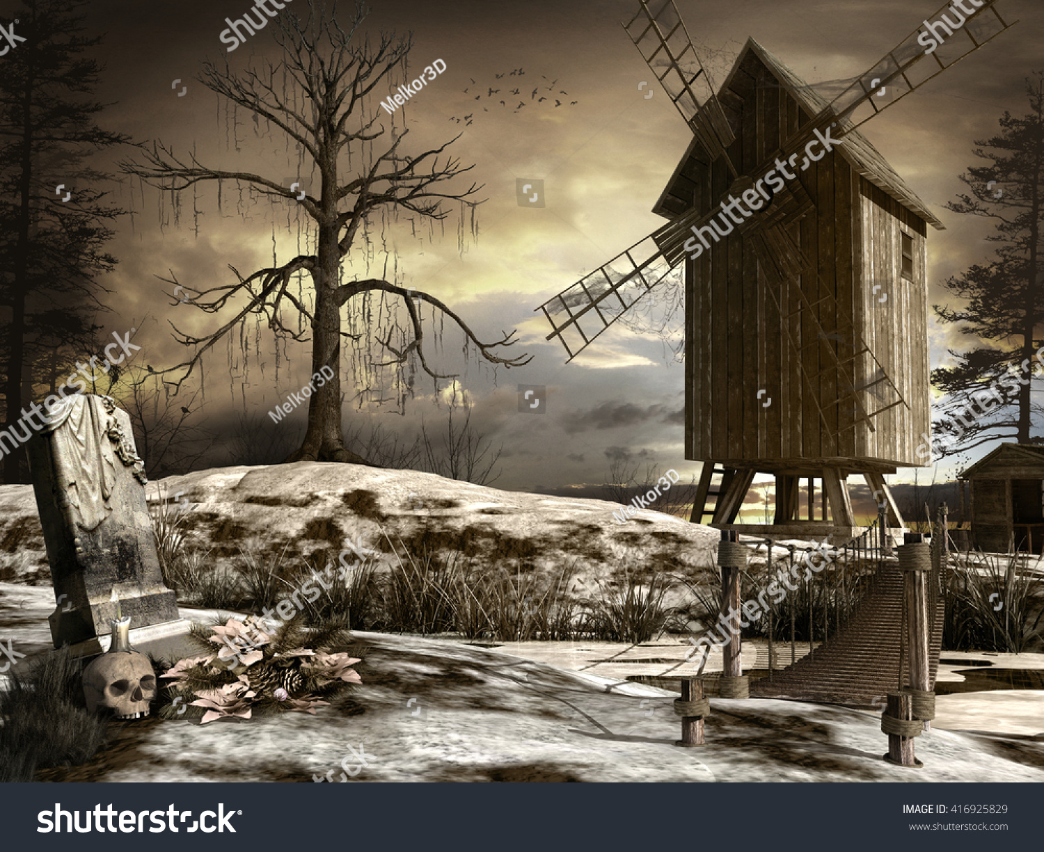 Horror scenery with old wooden windmill dead tree and tombstone_站酷海洛_正版 ...
