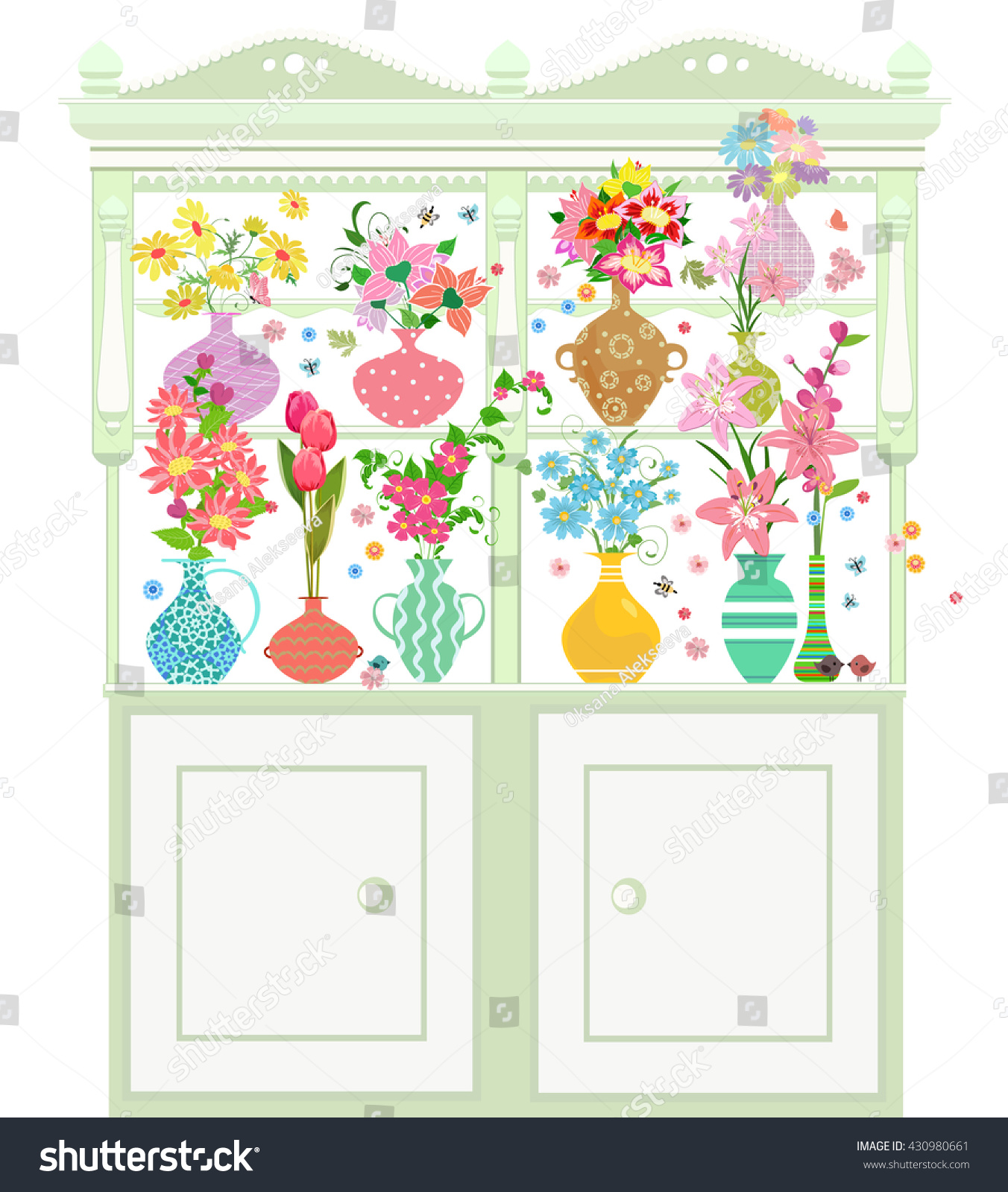 Cupboard with collection of vases with cute flowers for your design_站酷海 ...