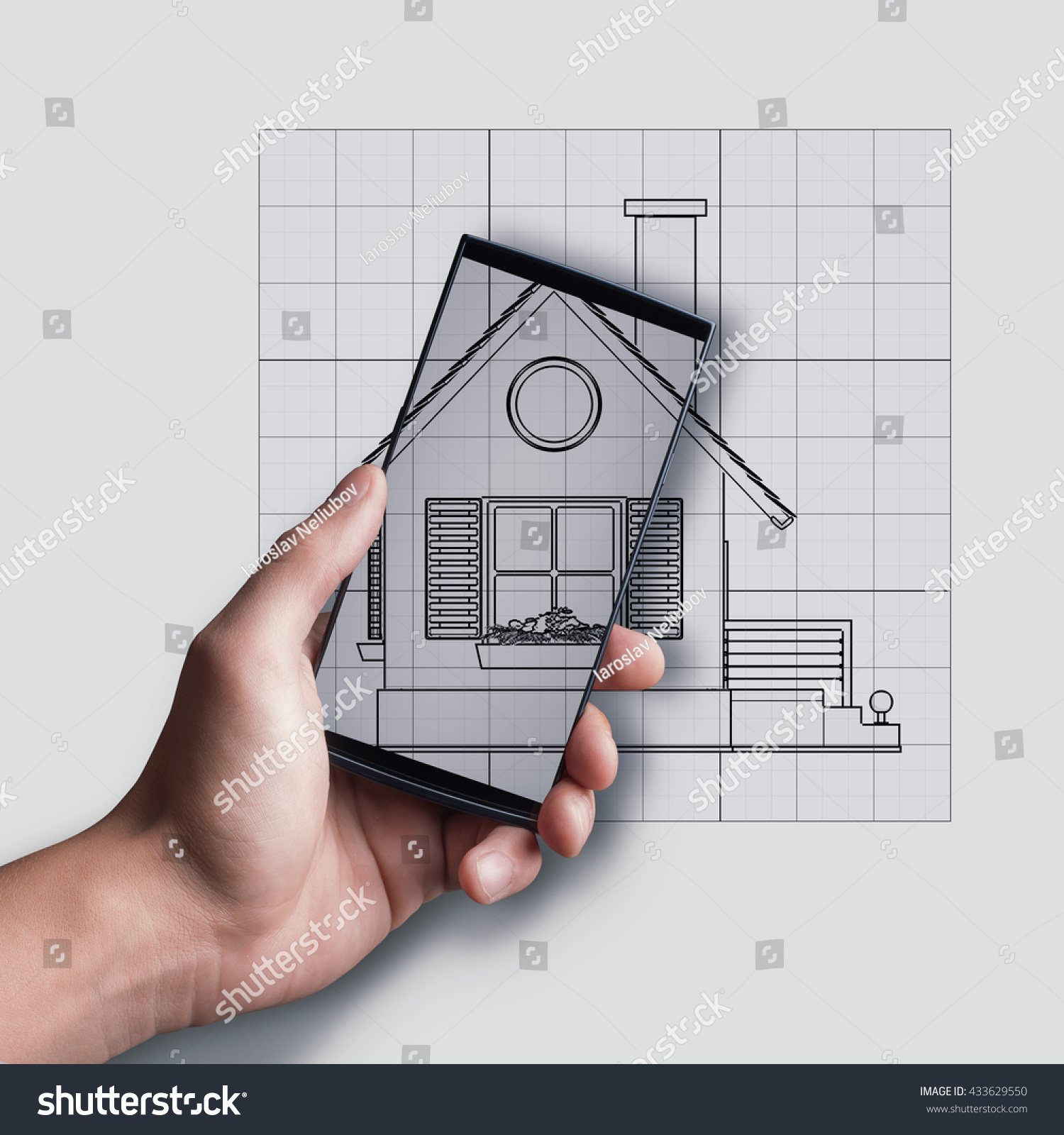 Touch screen mobile phone in man hand over Cad cartoon drawing ...